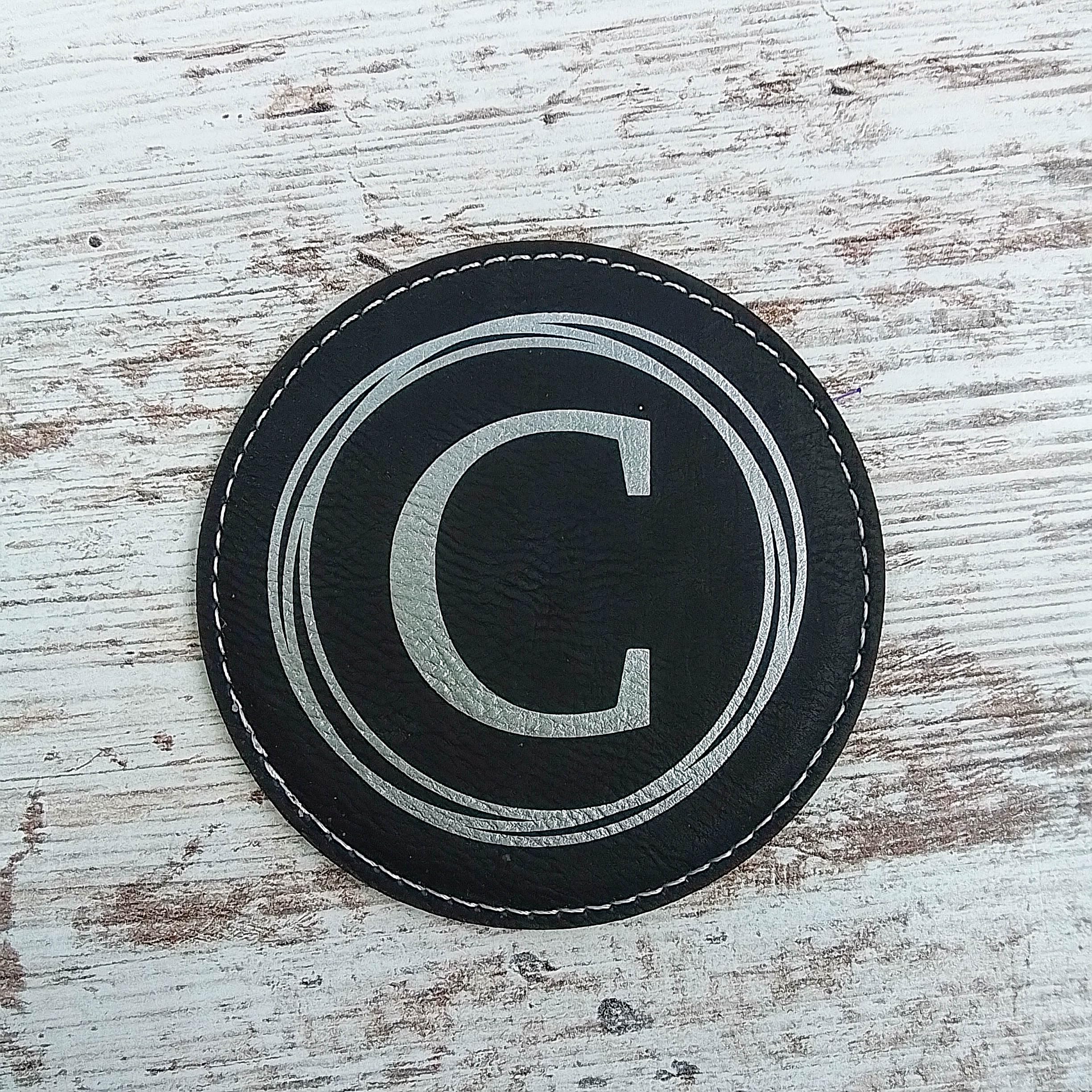 Round Handmade Coasters - Personalized Coasters Set of 6 - Custom Engraved Barware Decorations - Leather Bar Decor - Man Cave Father's Day Present (Black/Silver)
