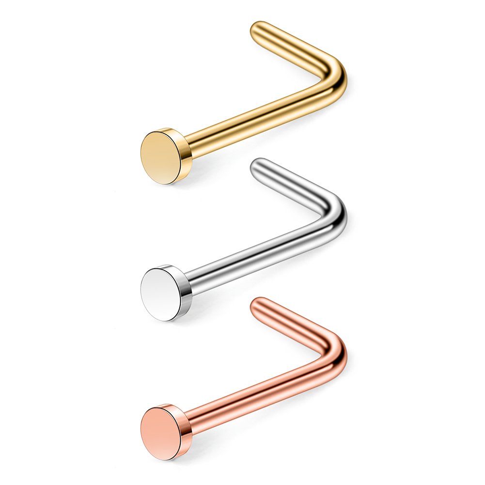Ruifan 22G 316L Surgical Steel Nose Stud L Shaped Ring with 2MM Flat Top Piercing Jewelry 3PCS - Mix Color