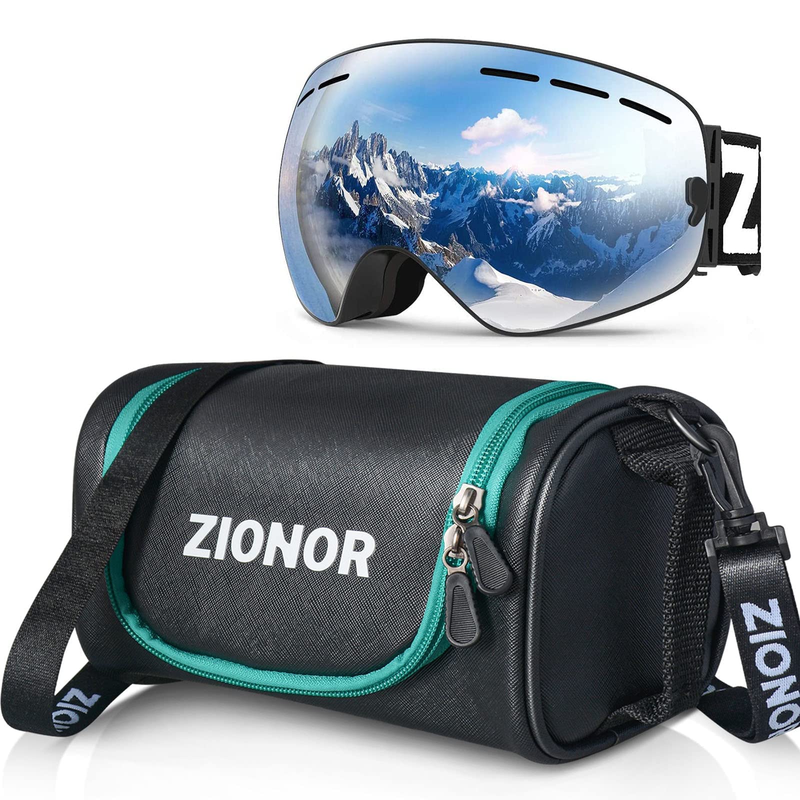 ZIONOR X Ski Snowboard Snow Goggles OTG Design for Men & Women and Ski Goggles Bag