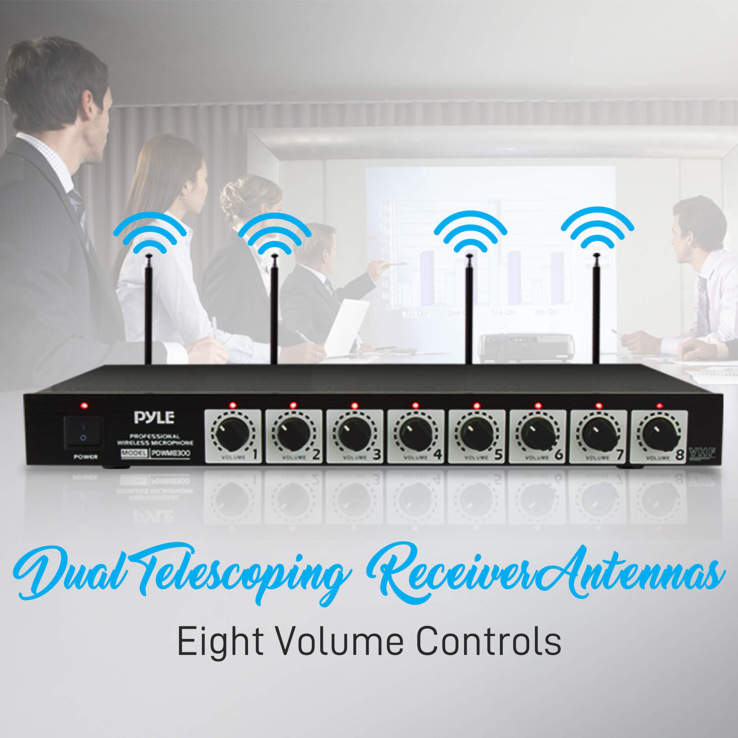 Pyle 8 Channel Wireless Microphone System - Portable VHF Cordless Audio Mic Set with 1/4" and XLR Output, Dual Antenna, - Includes 8 Table Top Mics, Rack Mountable Receiver Base - Pyle PDWM8300,Black