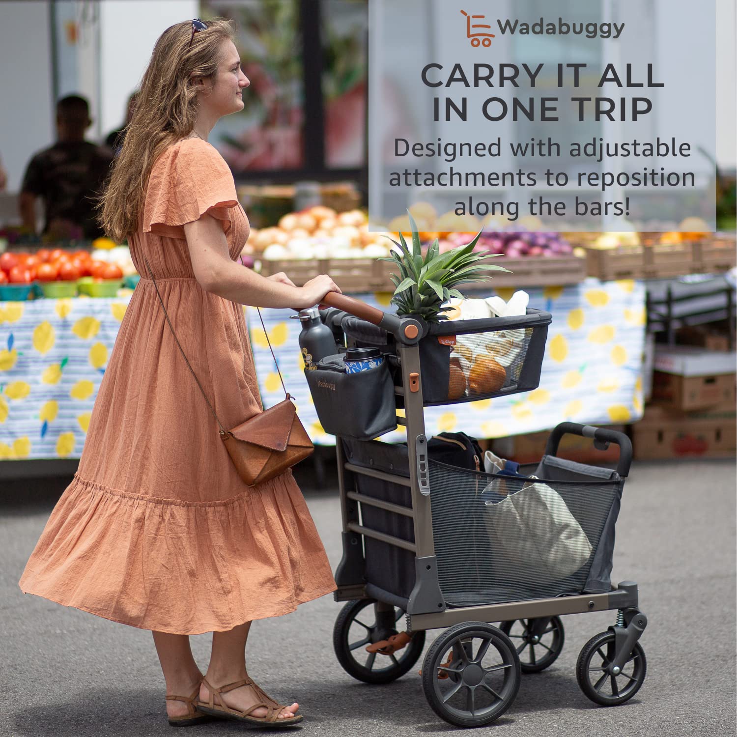 Wadabuggy Heavy Duty Folding Shopping & Utility Cart, Glides Effortlessly - Easy to Maneuver, Lightweight Push & Pull Behind Cart w/3 Storage Baskets