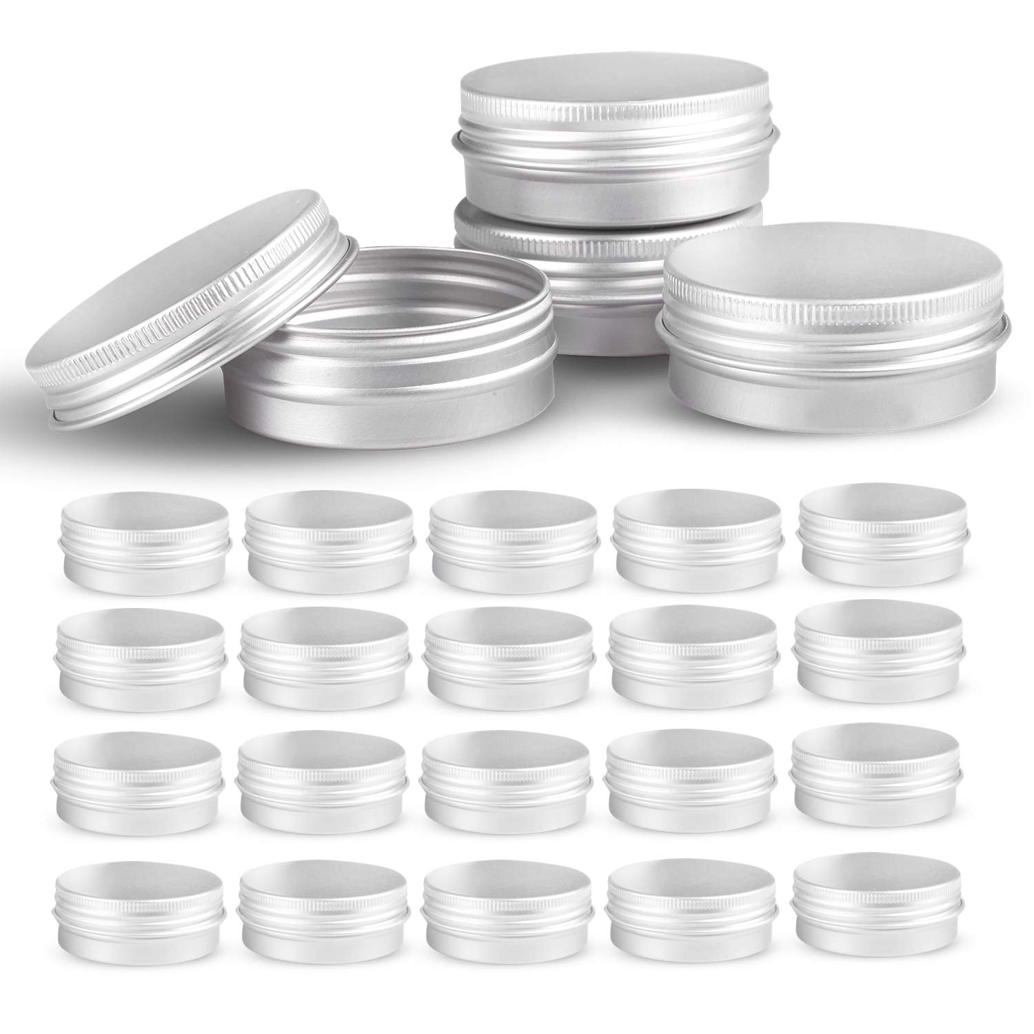Round Silver Aluminum Metal Tin Storage Jar Containers with Secure Screw Top Lids for Cosmetic, Lip Balm,Salves, Candles,Skin Care and tea, 24pcs
