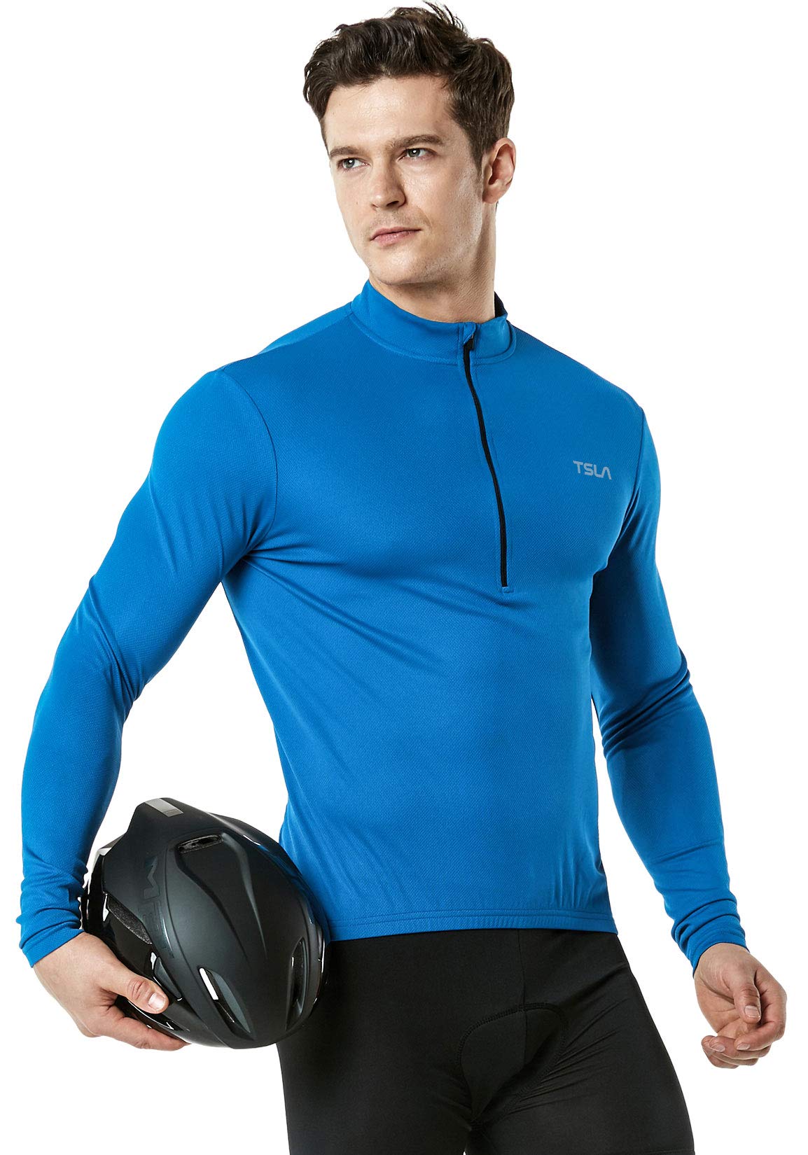 TSLA Men's Long Sleeve Bike Cycling Jersey, Quick Dry Breathable Reflective Biking Shirts with 3 Rear Pockets, Cycle Long Sleeve Sky Blue, Medium