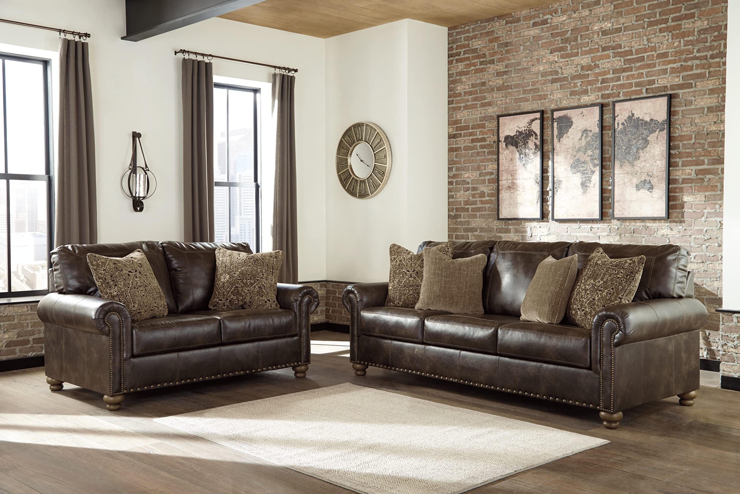 Signature Design by Ashley Nicorvo Traditional Faux Leather Queen Sofa Sleeper with Gold Nailhead Trim, Brown