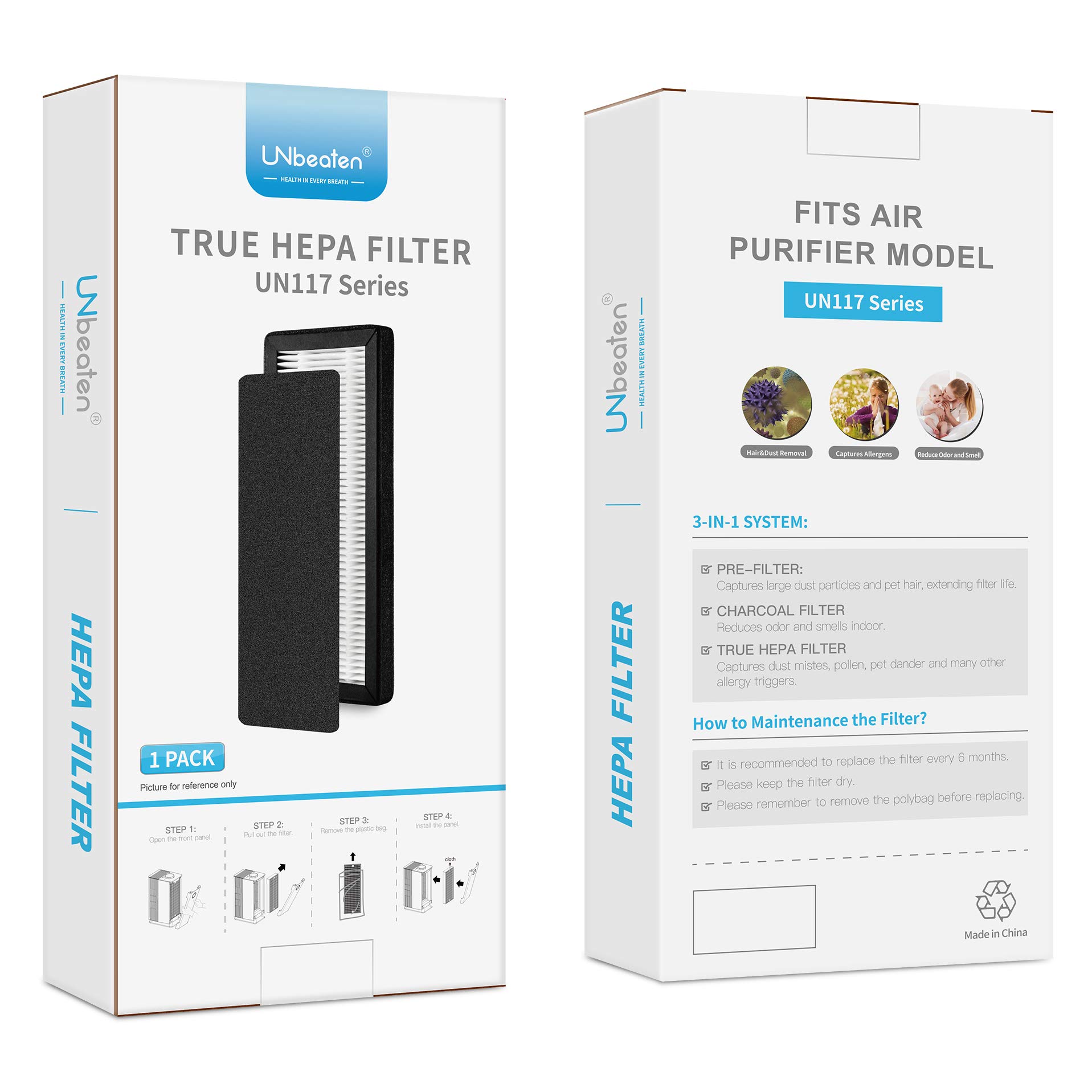 UNbeaten Air Purifiers Filter UN117 True Hepa Filter Removes Allergies and Pets Dander Smoke Dust Mold