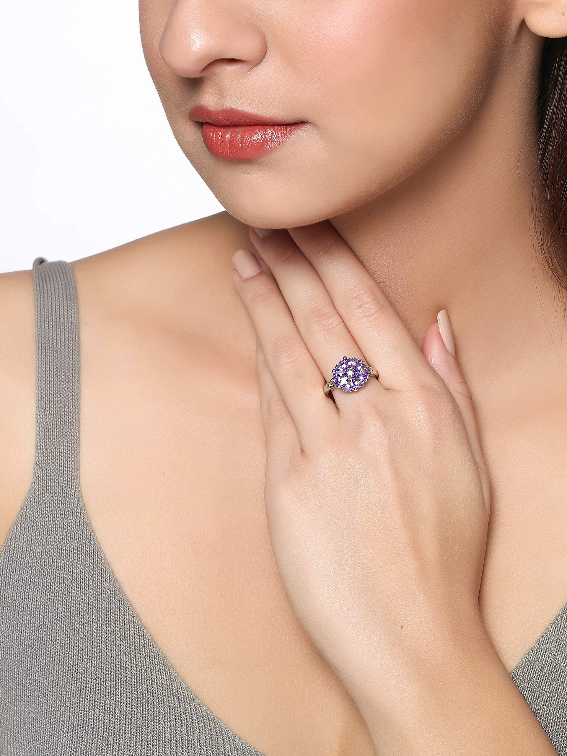 YoTreasure .925 Sterling Silver Tanzanite Women's Flower Cluster Ring Jewelry