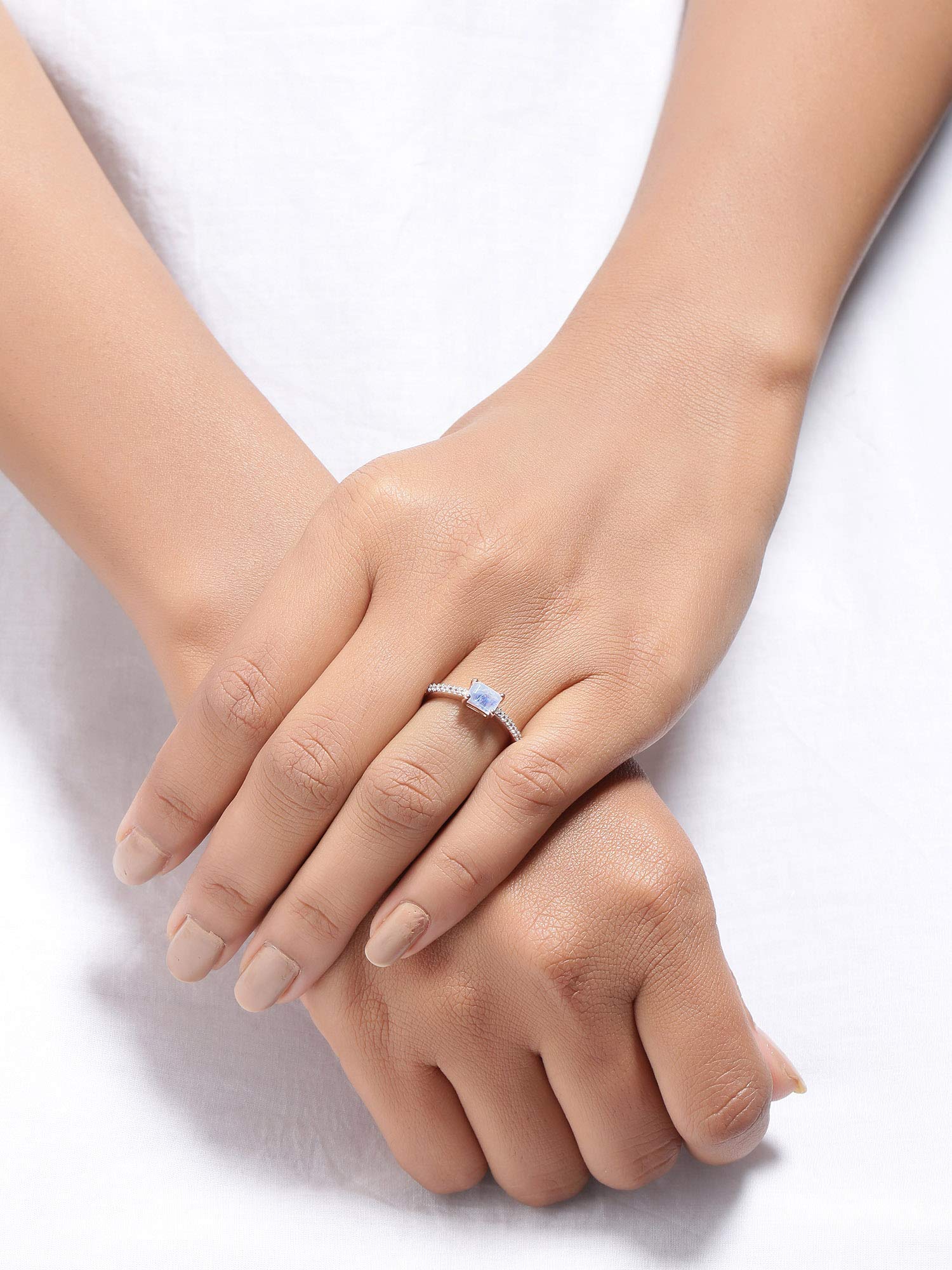 YoTreasure 0.65 Ct. Rainbow Moonstone White Topaz Solid 10kt Rose Gold Promise Ring Prong Jewelry