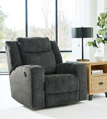Signature Design by Ashley Martinglenn Modern Chevron Velvet Manual Rocker Recliner with Cup Holders, Black