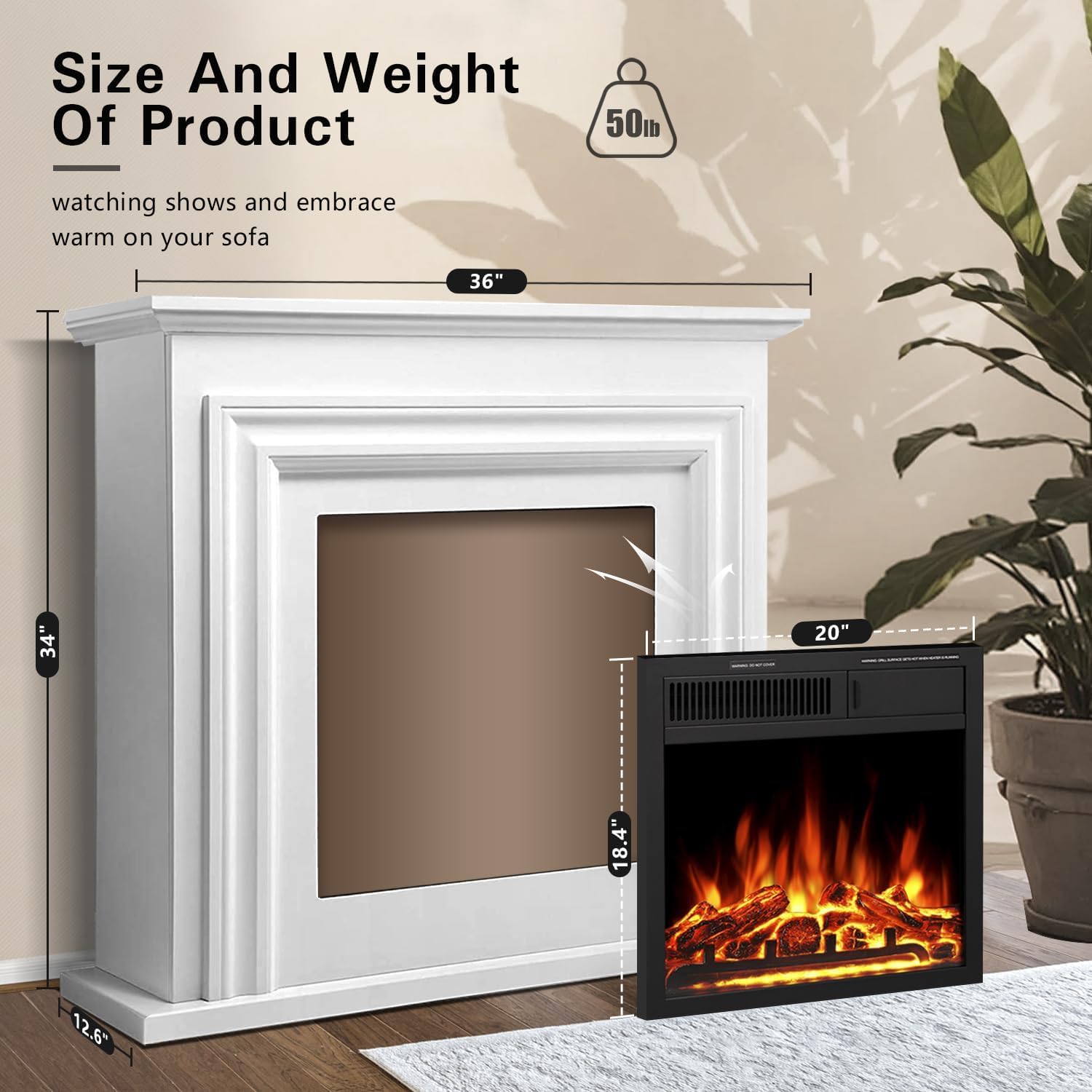 R.W.FLAME Electric Fireplace Mantel Wooden Surround Firebox, 36" White TV Stand with Freestanding Electric Fireplace, Remote Control, Adjustable Led Flame, 750W/1500w