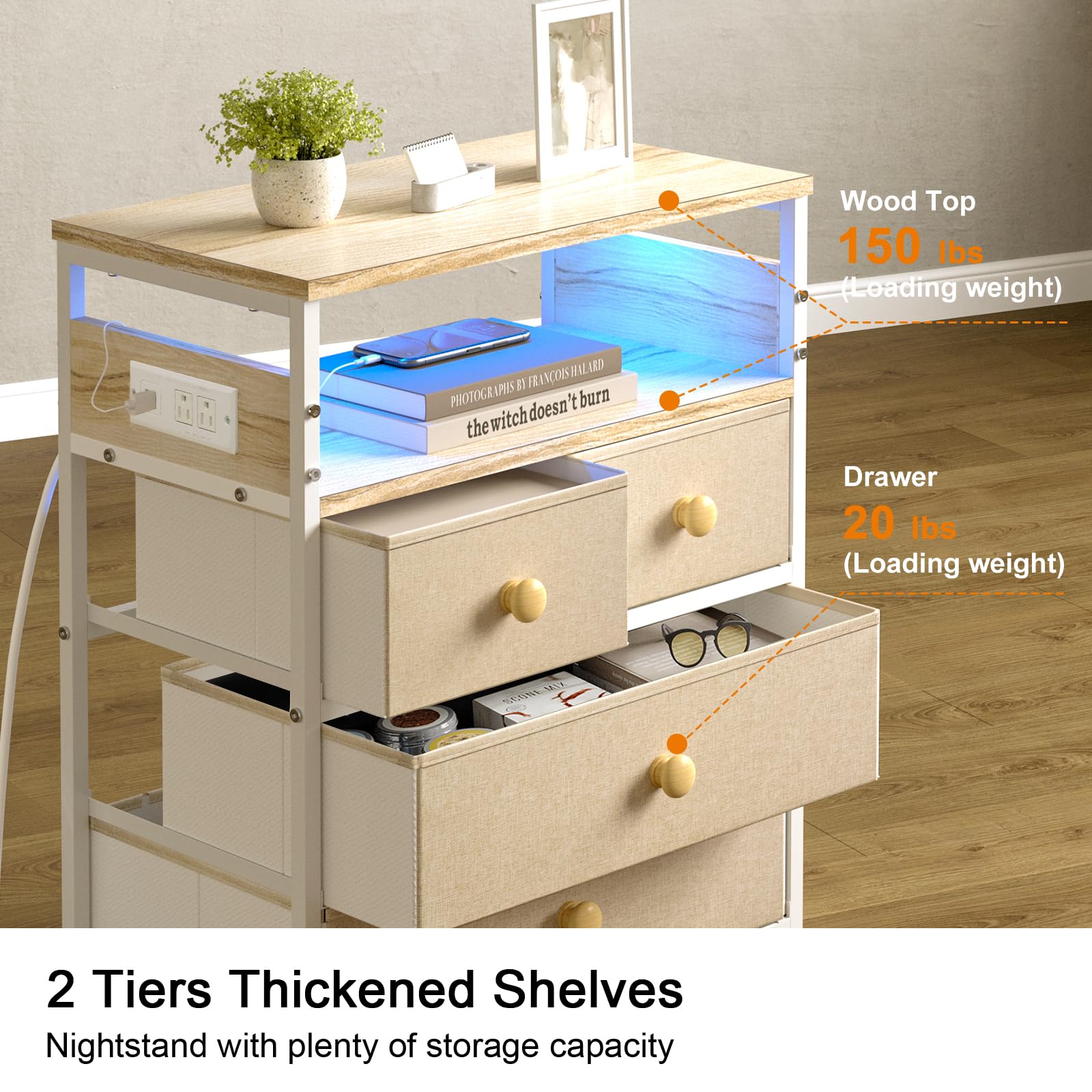 REAHOME Nightstand with Charging Station, Bedside Table with 4 Drawers and 2-Tier Shelf, Modern End Table with Wooden Top for Bedroom, Living Room, Hallway-Rustic Brown