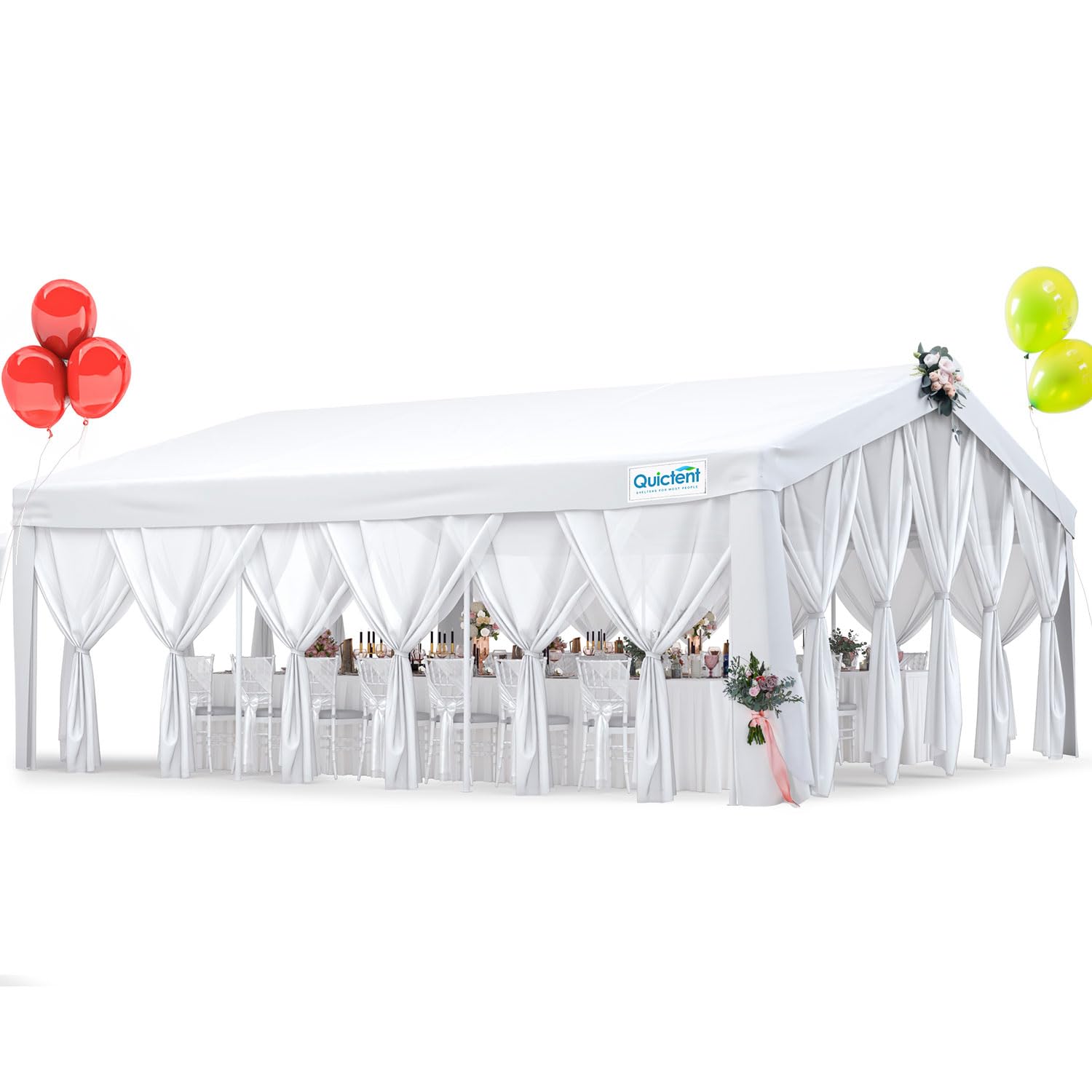 Quictent 20x20 Party Tent White Draping Mesh Side Chiffon Wedding Tent Canopy Outdoor Screen Heavy Duty Upgrade Event Shelter with Netting Gazebo All Classic Style Washable Sides