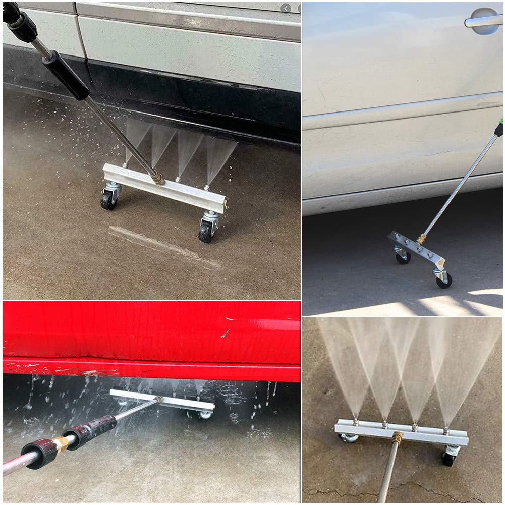 Undercarriage Cleaner for Pressure Washer, Under Carriage Power Washer Attachment with 45 Degree Angled Wand, 4 High Sprayer, 1/4 Quick Connect and Swivel Caster Wheel (Silver)