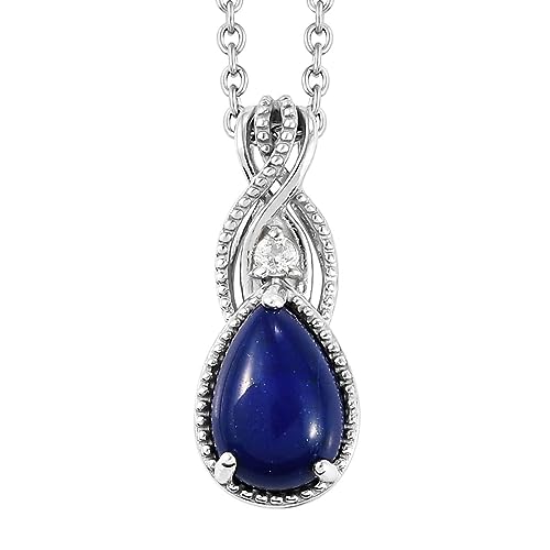 SHOP LC Stainless Steel 925 Sterling Silver Platinum Lapis Lazuli and White Topaz Pendant Necklace Delicate Jewelry Size 20" Unique Gifts for Women Birthday Gifts