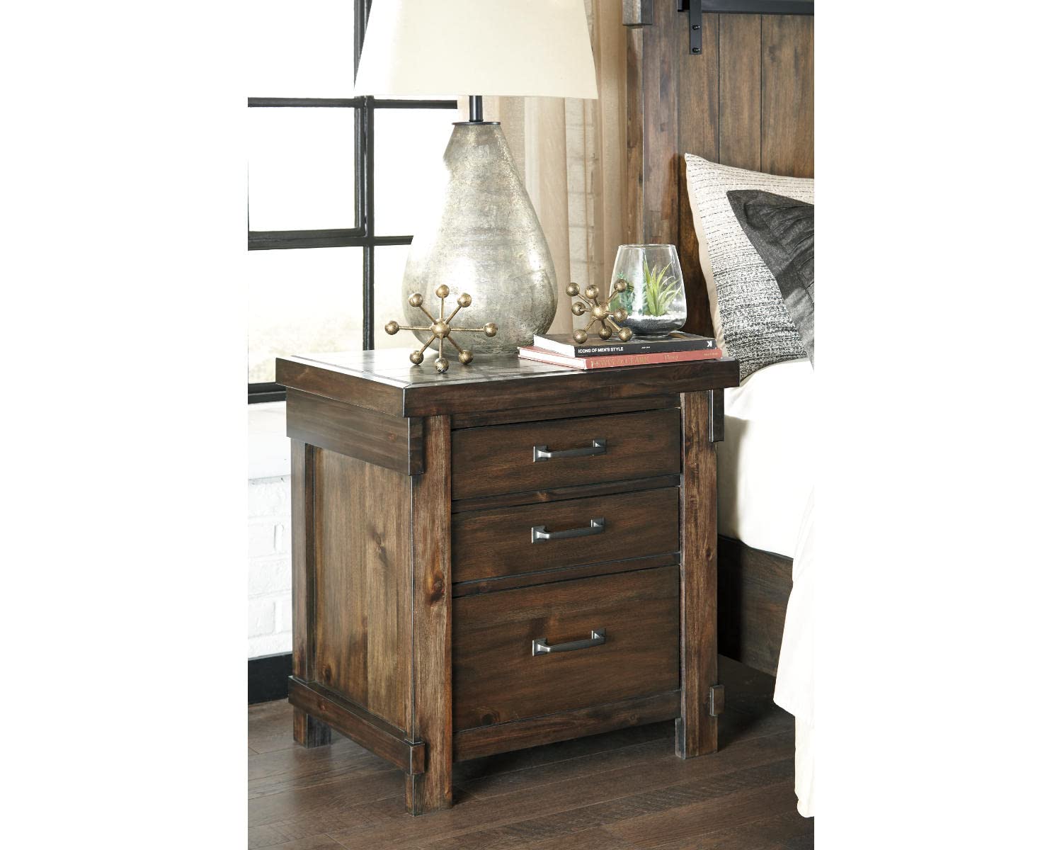 Signature Design by Ashley Lakeleigh Rustic Industrial 3 Drawer Nightstand with 2 Electrical Outlets, 2 USB Charging Stations, Dark Brown Wood Tone