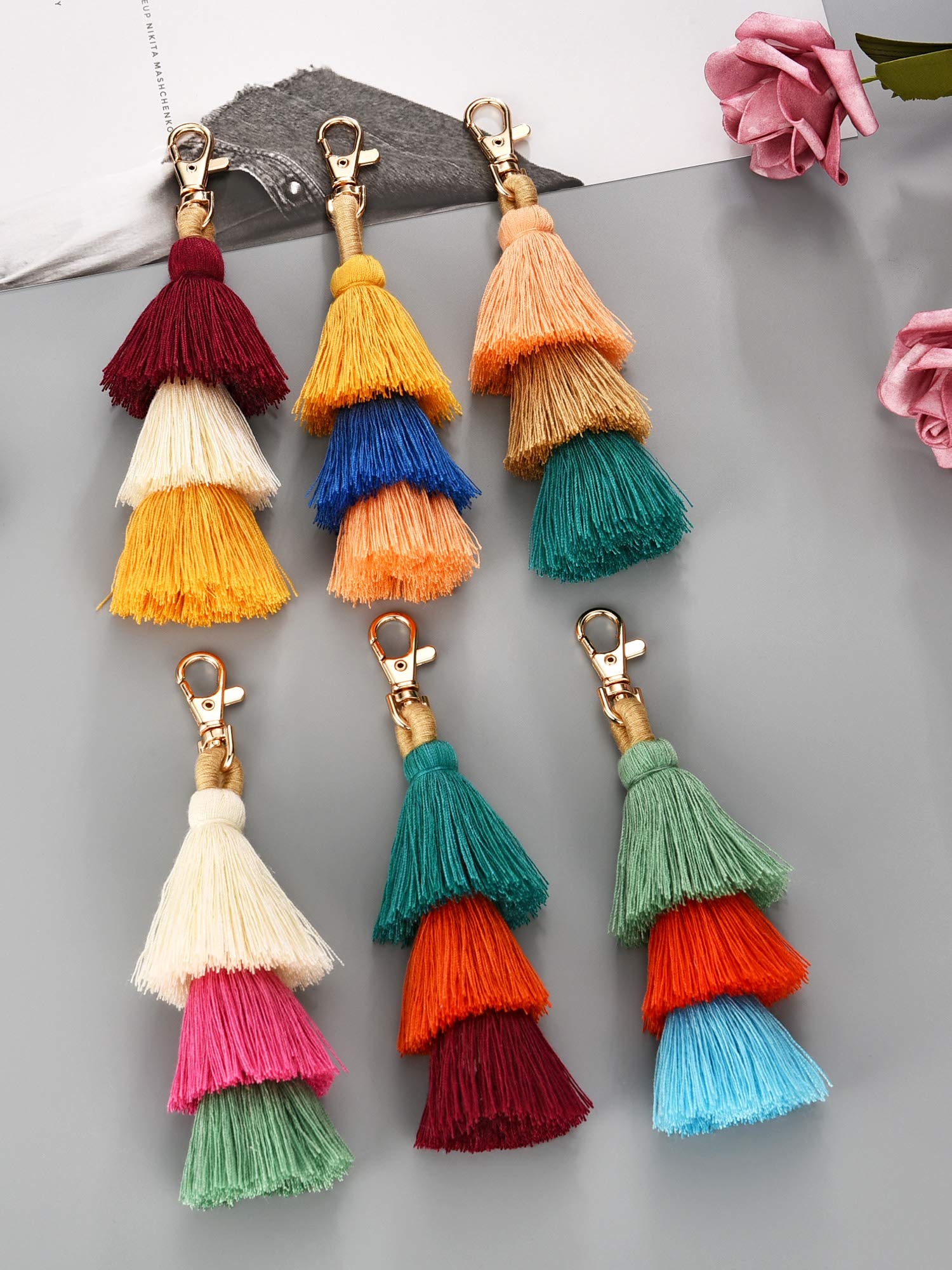 Tatuo 6 Pieces Hand Made Colorful Bohemian Tassel Charm Keychain Handbags Bag Pendant Key Ring Pom Tassels Key Chain（Color Set 1）