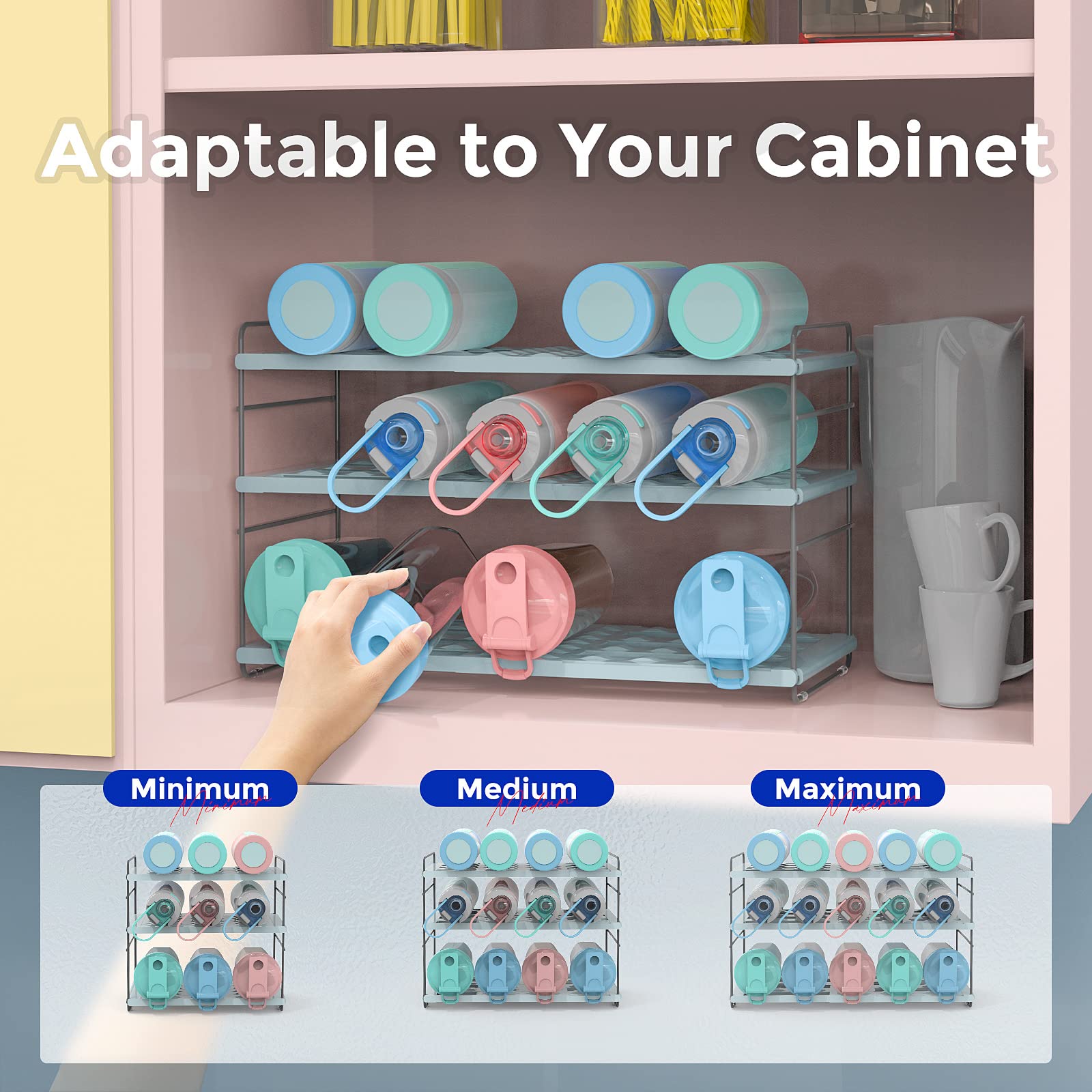 Water Bottle Organizer for Cabinet, 3-Shelf Expandable & Height Adjustable Storage Rack for Kitchen Cabinets Pantry, Tumbler Organizer for Cups with Straws, Holds 15 Bottles (Powder Blue)