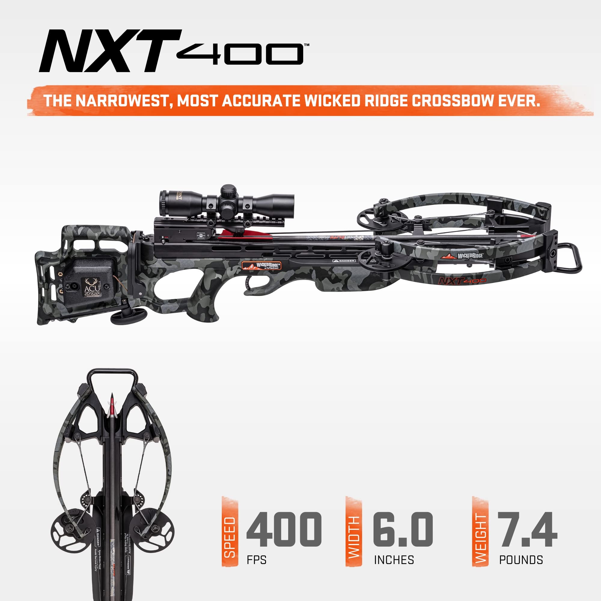 Wicked Ridge by TenPoint NXT 400 Hunting Crossbow Package with ACUdraw and Pro-View Scope, Peak Camo