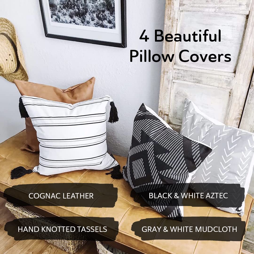 Texture + Ink Boho Pillow Covers Set of 4 Throw Pillow Covers for Sofa, Bed or Bench 100% Cotton and Faux Leather Modern Decor Pillow Cases - Aria Set 18 x 18