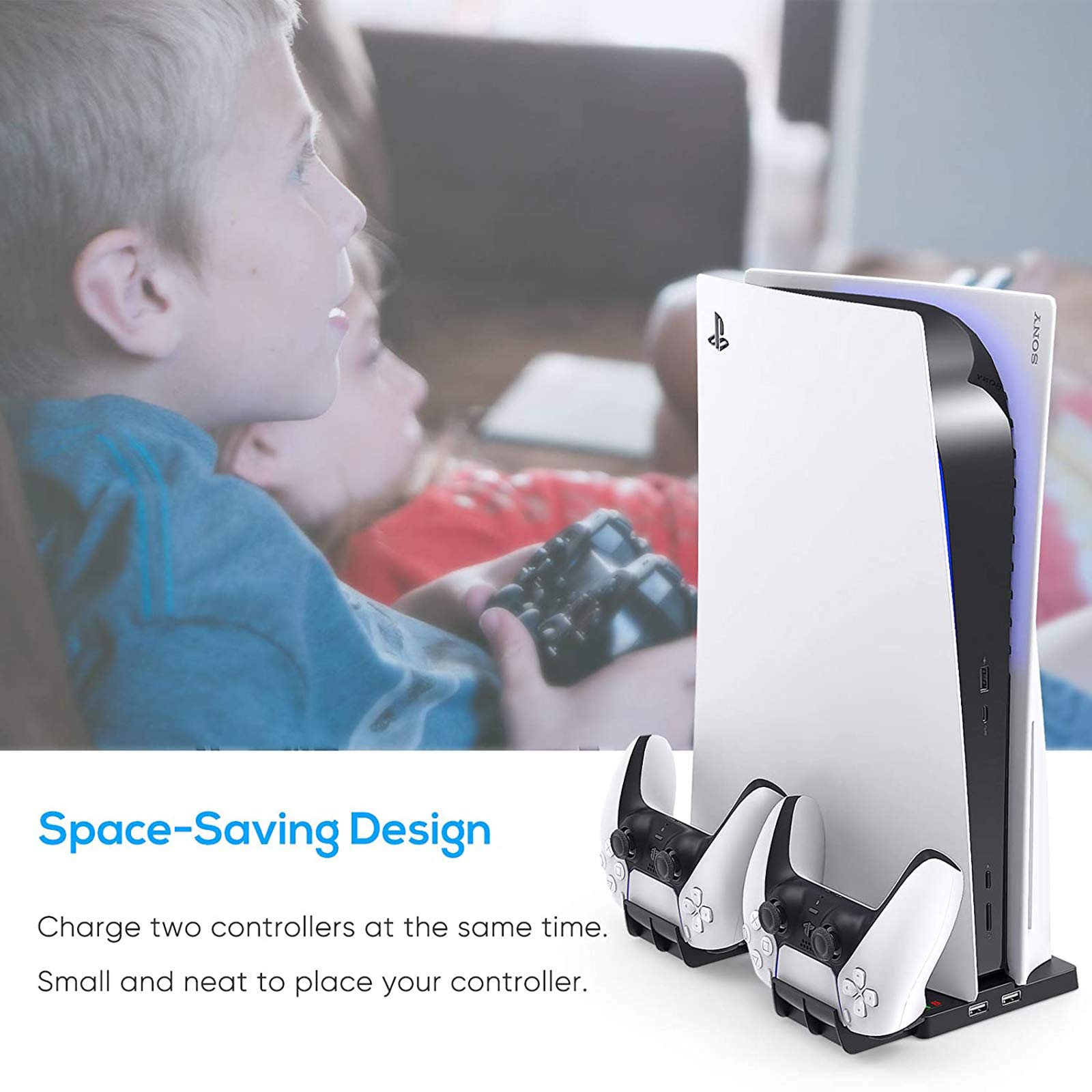 Vertical Stand for PS5 with Digital Edition/Ultra HD Playstation 5 Stand Controller Charge Station with Dual Controllers EXT Port Charger Dock and 2 USB HUB, black