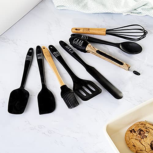 Rae Dunn Everyday Collection 8 Piece Mini Silicone Kitchen Utensil Set- Kitchen Tools with Beechwood Handles- by Cook with Color (Black)