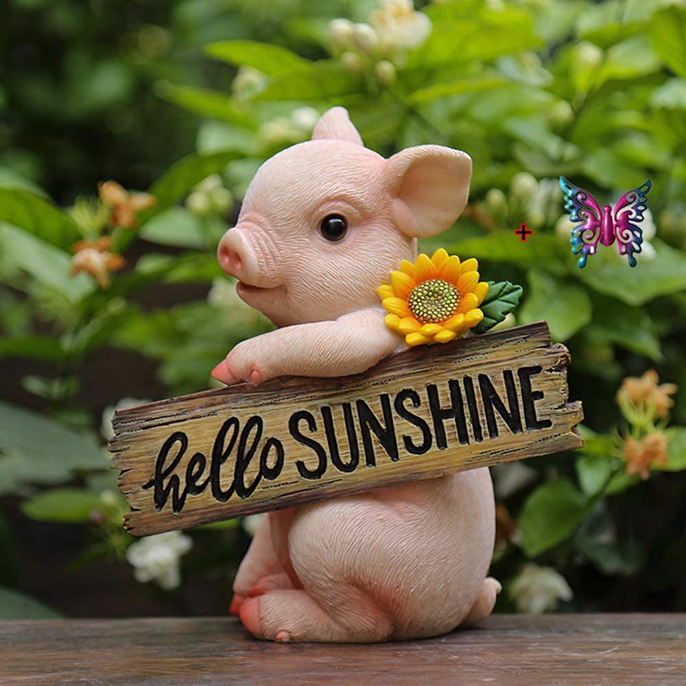 starbluegarden Amusing Pig with Sunflower Hello Sunshine Statue Figurine Ornament Fairy Garden Decor for Bookshelf Flowerpot Collection