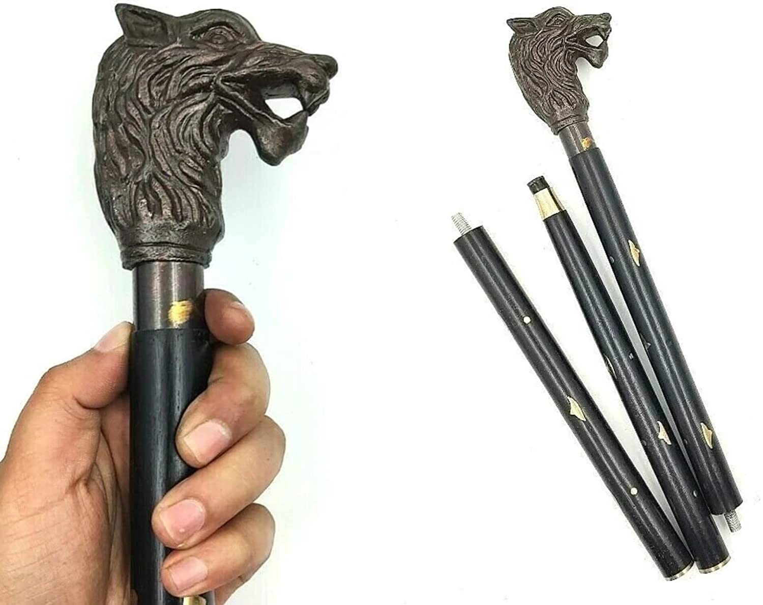VETERIS Bronze Bear Wood Canes Wooden Cane Walking Cane Wooden Sticks Walking Stick Handmade Cane, Black
