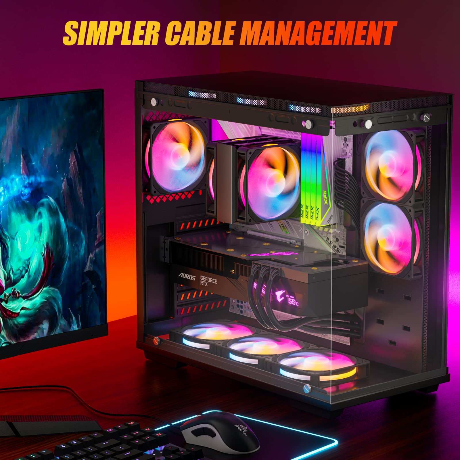 upHere 120mm Computer Case Fan Rainbow LED Silent Fan for Computer Cases, CPU Coolers,Water Cooler and Radiators Ultra Quiet,3 Pack Colorful Case Fan(F03CF)