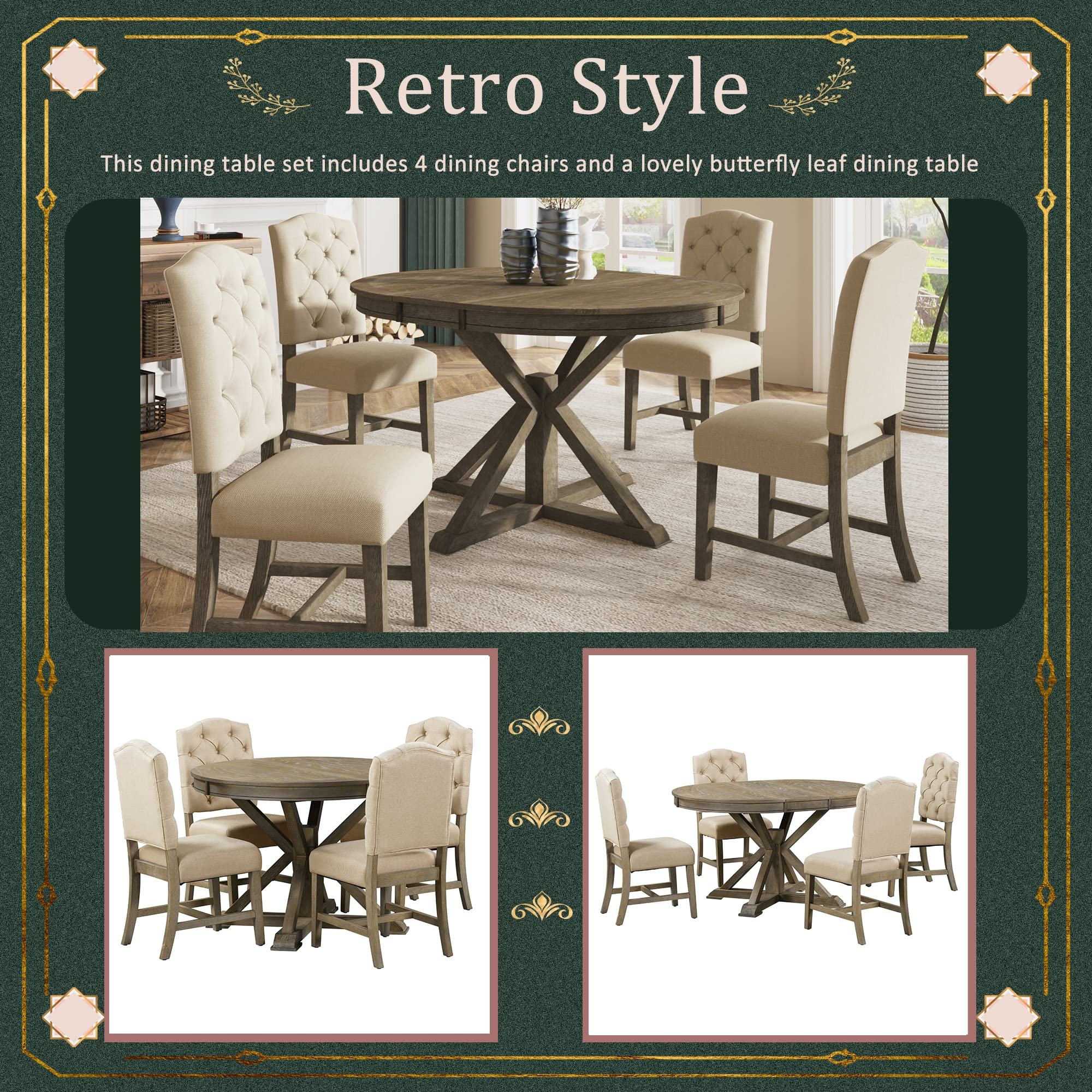 Tensun 5-Piece Retro Functional Dining Table Set, Wood Round Extendable Kitchen Table and 4 Upholstered Dining Chairs with Backrest for Kitchen, Living Room, Natural Wood Wash