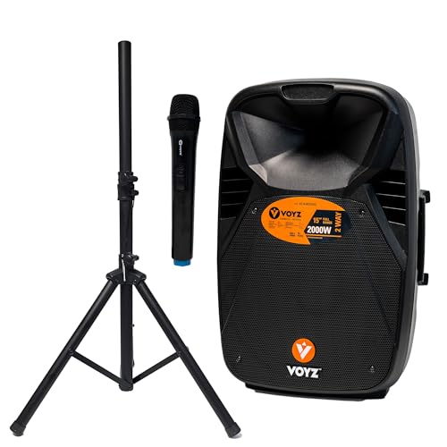 VOYZ 2000 Watt Bluetooth Portable Speaker for Parties - Two Way 15" Loudspeaker - FM Radio, USB, SD, and MP3 Player - PA with Tripod Stand and Wireless Microphone - Perfect for Karaoke (VZ-DJKIT616S)
