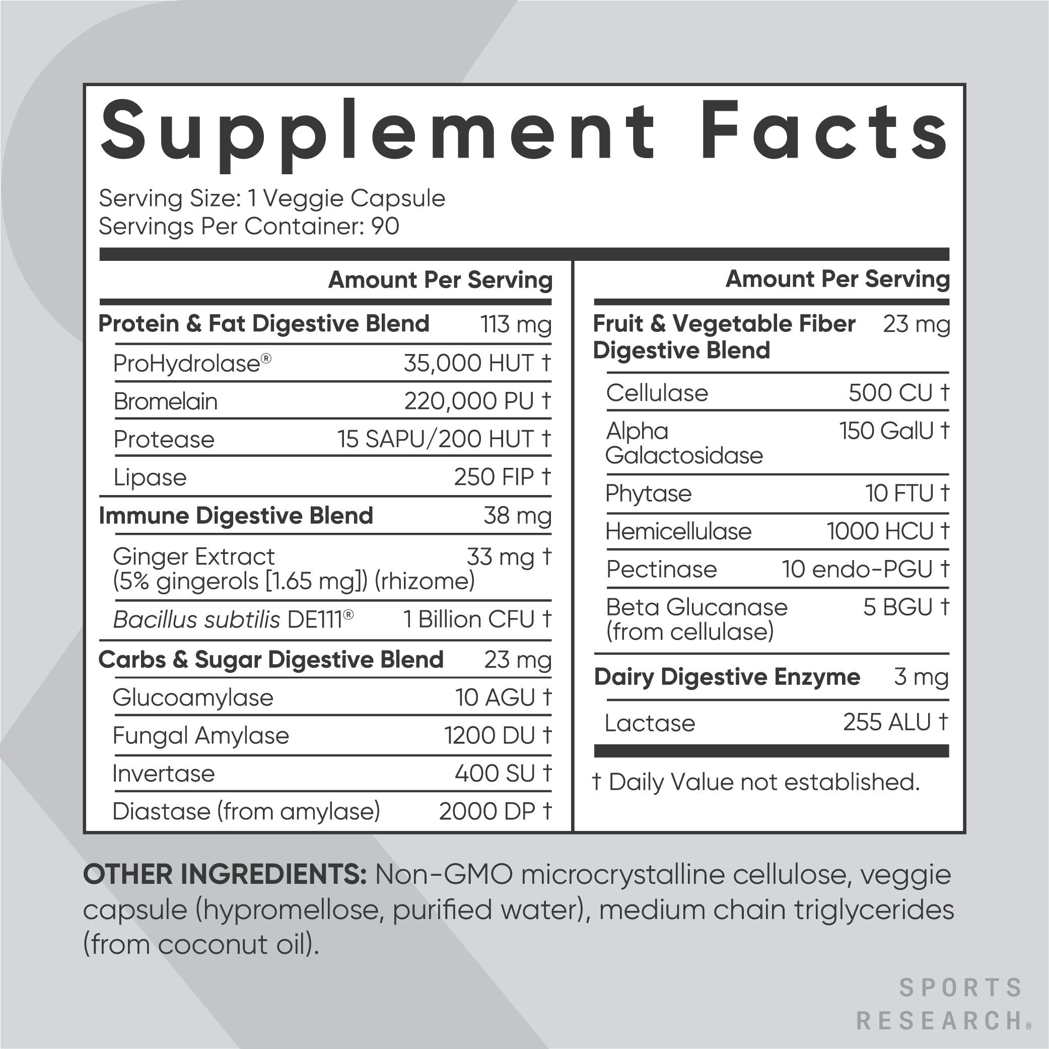 Sports Research Digestive Enzymes with Probiotics & Ginger - Plant Based for Dairy, Protein, Sugar & Carbs - Non-GMO Verified & Vegan Certified (90 Veggie Capsules)