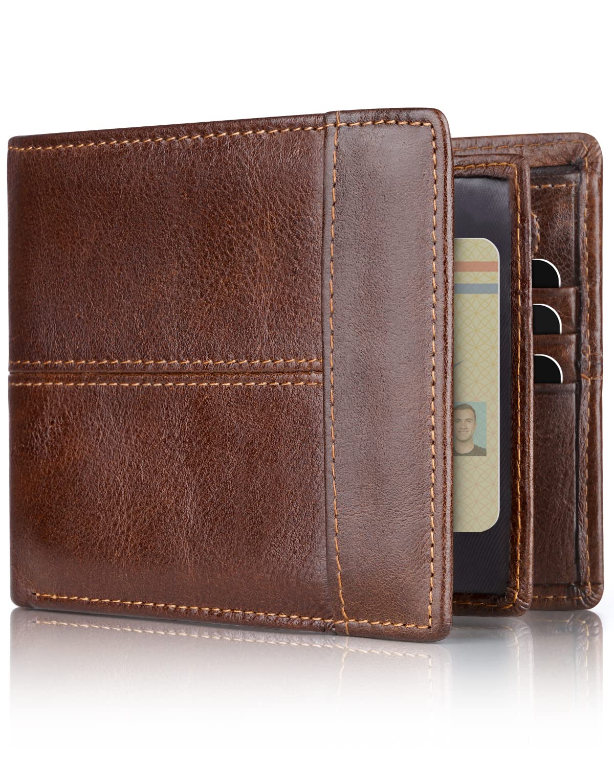 Swallowmall Mens Wallet RFID Blocking Genuine Leather Bifold Wallets For Men, ID Window 16 Card Holders with Gift Box