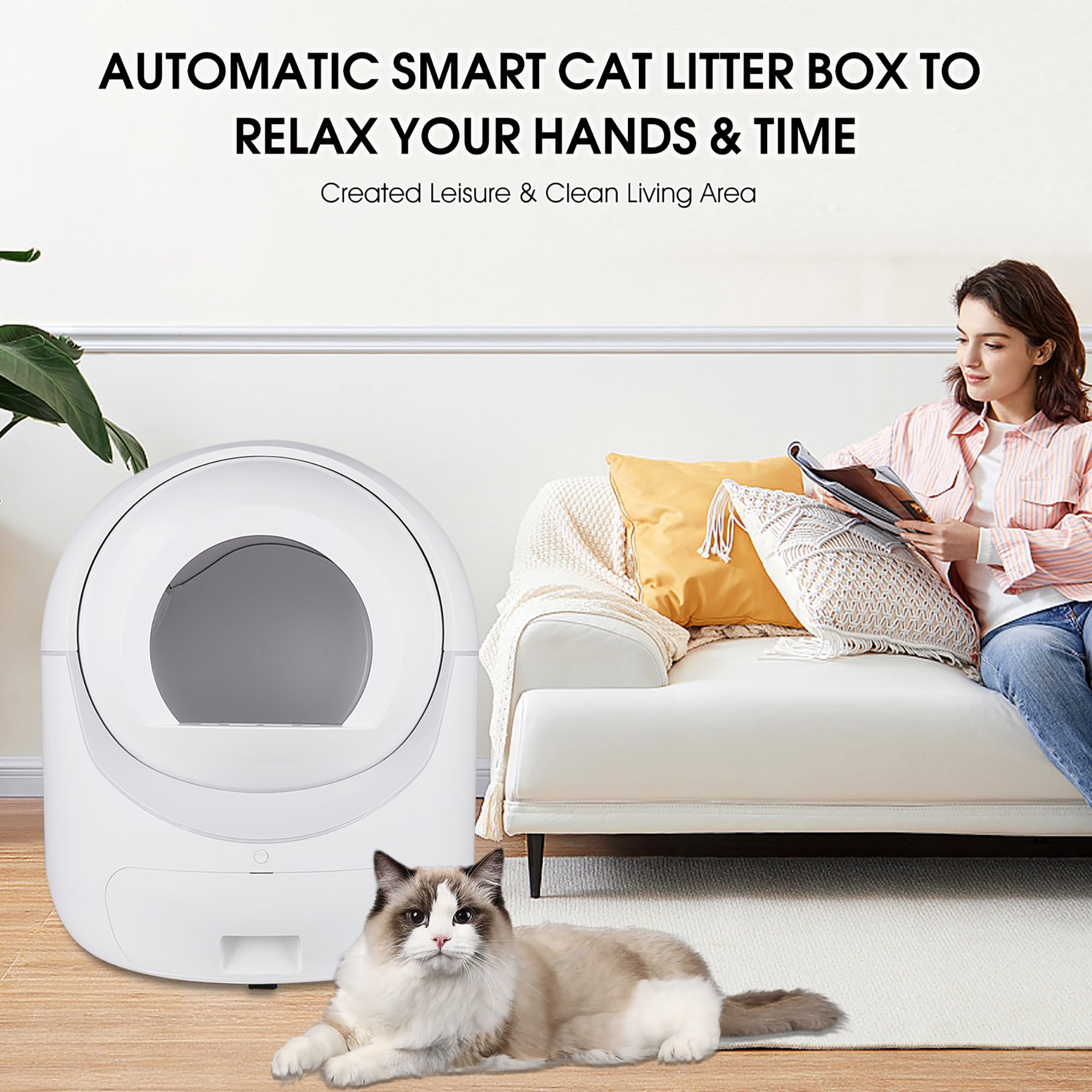 Self-Cleaning Cat Litter Box, New Model Anti-Pinch Automatic Box for Multiple Cats, Safety Large Cat Litter Box, WiFi-2.4G/APP Control, Smart Health Monitor, Easy Clean (White)