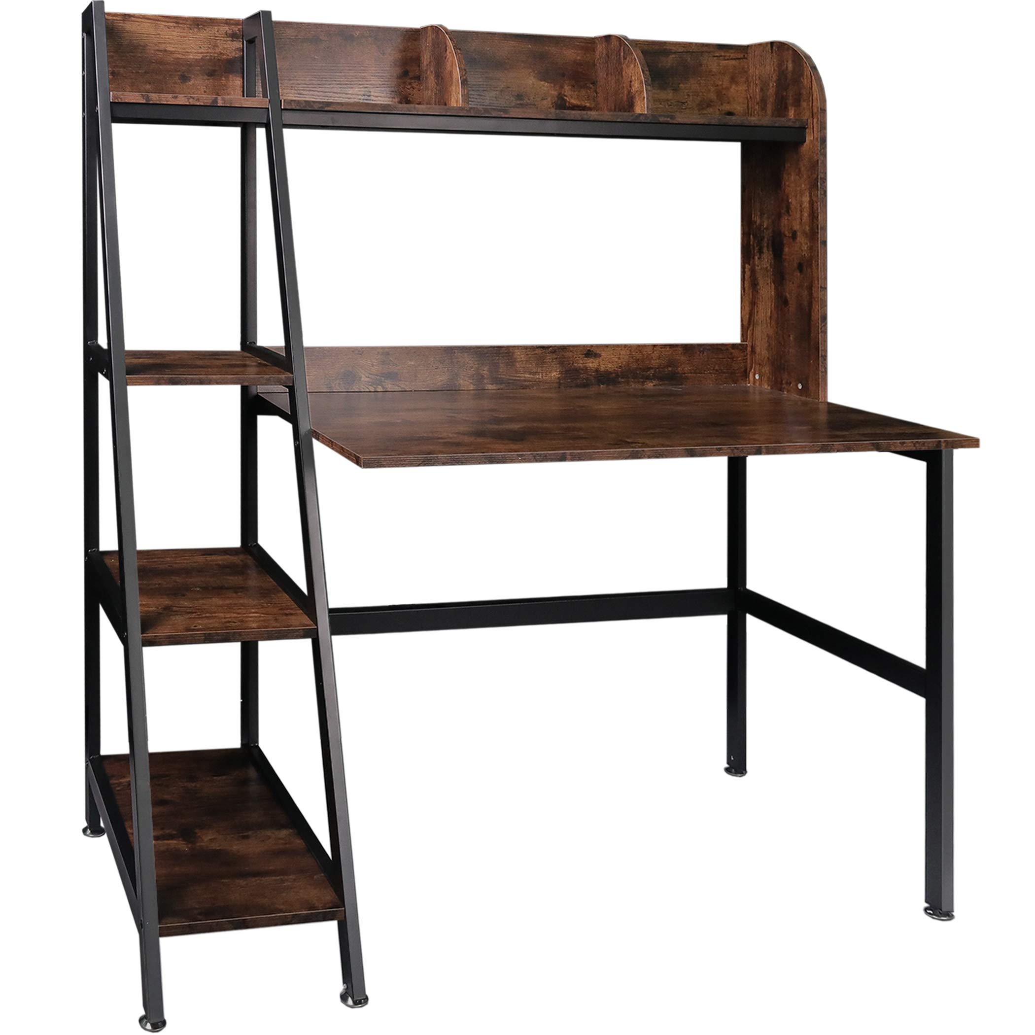 Tektalk Computer Desk with 4 Ladder Shelf Top Shelf Bookshelf Workstation Steel Frame Retro Writing Desk Study Laptop Table for Home&Office β Rustic Brown