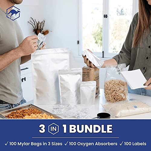 Wallaby 100 Count Mylar Bag Bundle - Multi-Size Pouches, 100x 400cc Oxygen Absorbers, 100x Labels - Heat Sealable, Food Safe & BPA-Free - Long-Term Food Storage for Preppers - Silver (Gusset)