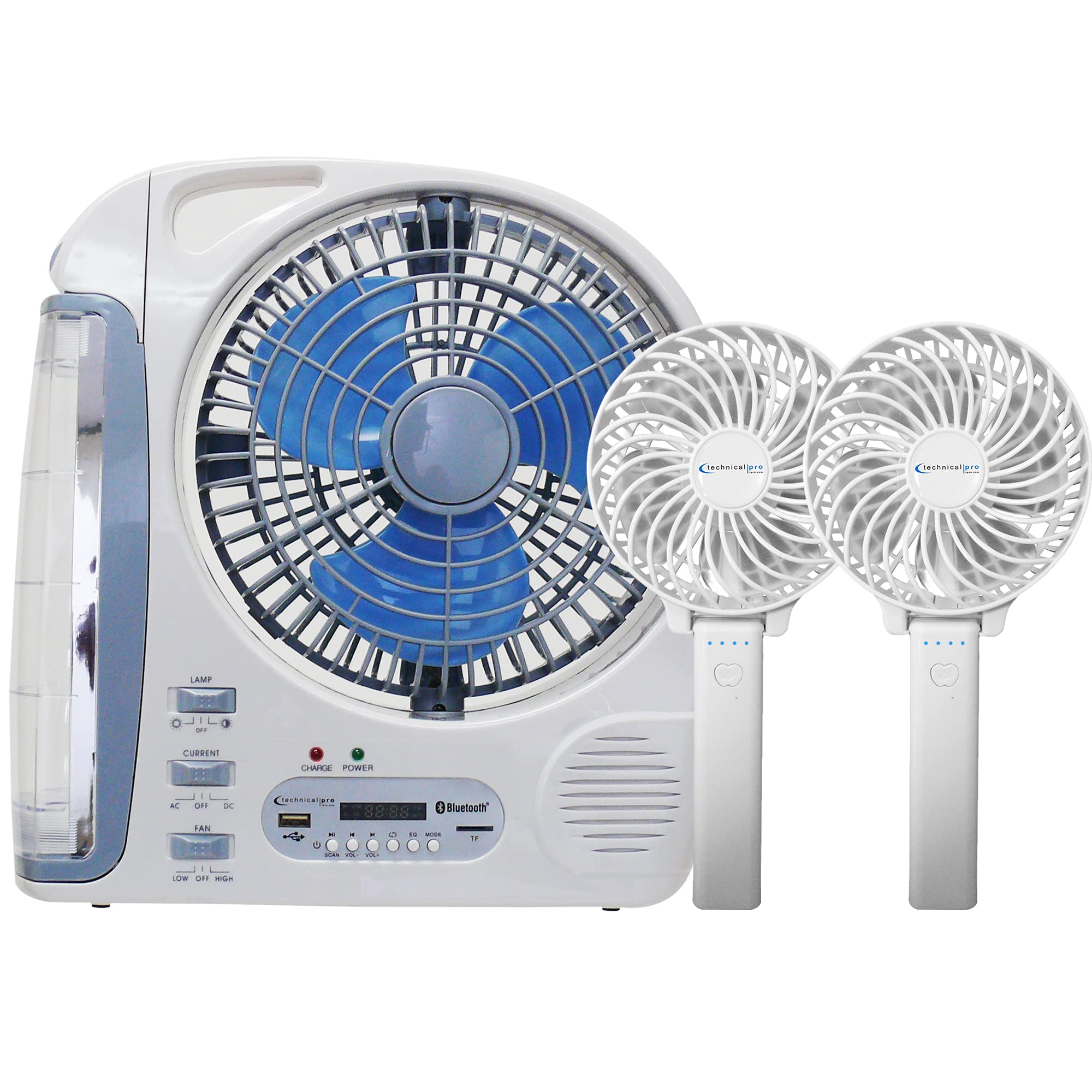 Technical Pro 3-in-1 Portable Rechargeable 8" Camping Fan Bundle with Radio Speaker and LED Work Lamp, USB SD ports, 2 Rechargeable Folding Fans Included