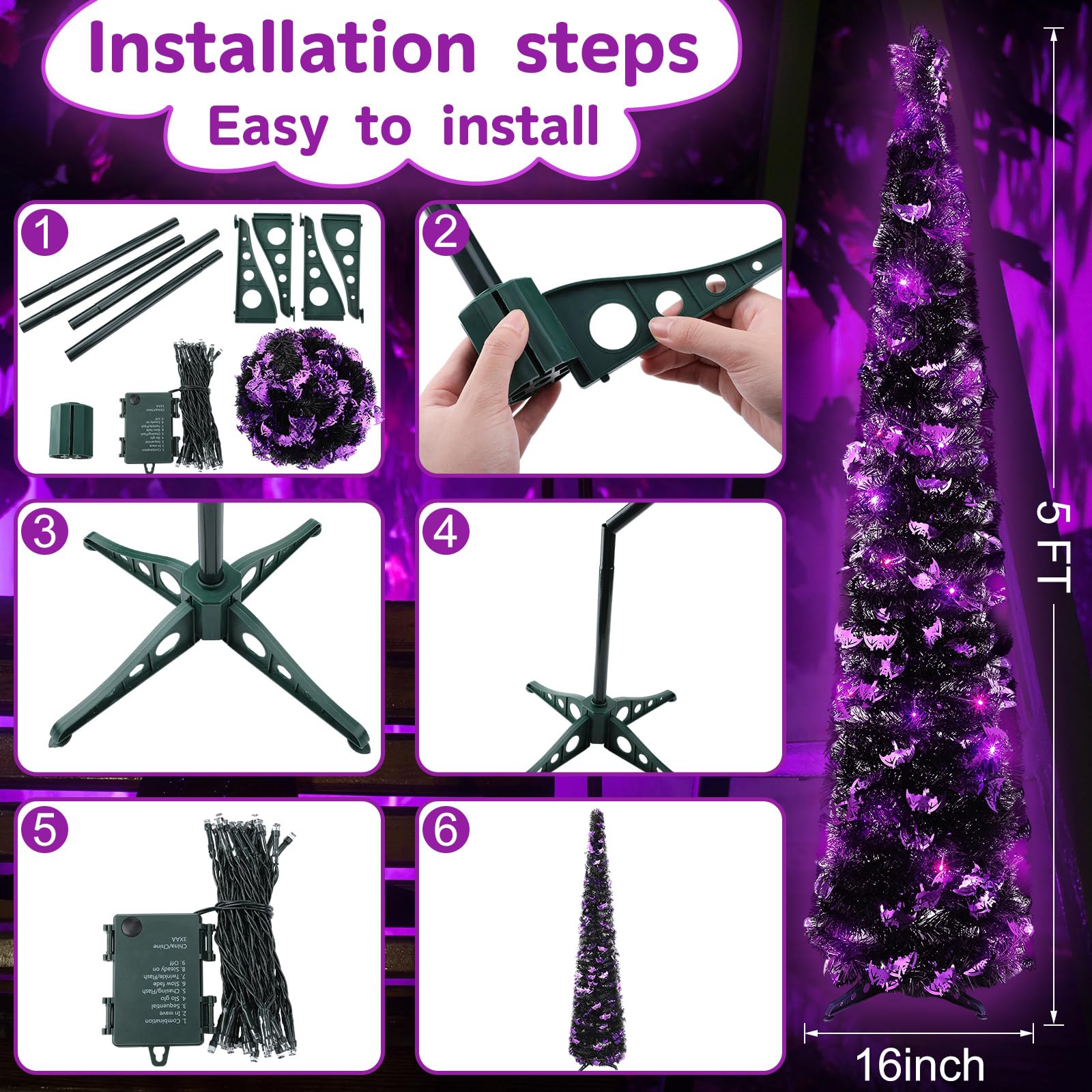 Therwen 5 FT Halloween Tree Halloween Artificial Black Tree with 50 LED String Lights Timer Bat Purple Pencil Collapsible Tinsel for Holiday Party Halloween Festival Home Decoration