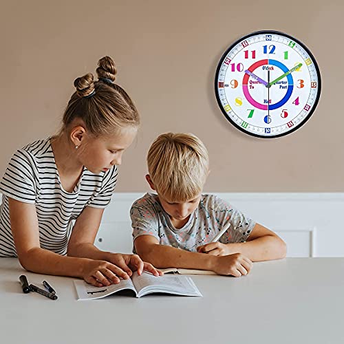 Telling Time Teaching Wall Clock, Silent Movement, Educational Wall Clock, Makes Kids Learning Time Faster and Fun. Its Perfect for Parents and Teachers, Decorate Kids Bedroom or Classroom,Black