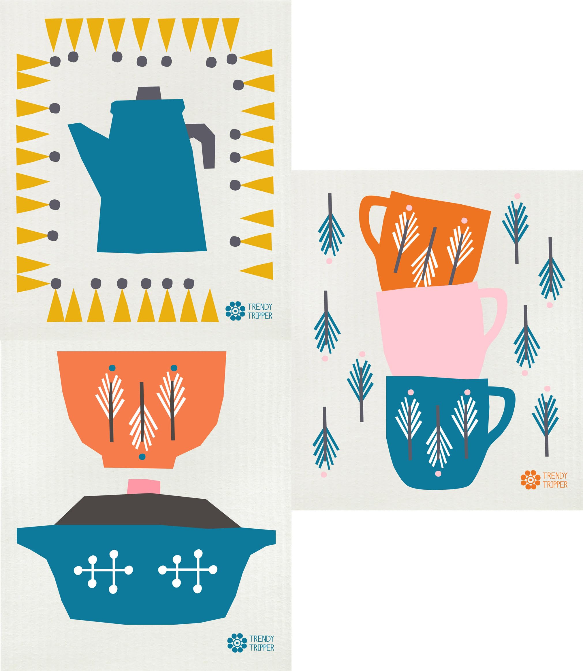 Trendy Tripper Swedish Dishcloths/Sponge Cloths - Anna Kovecses Midcentury Designs - Set of 3 Kettle/Cups/Bowls (Cobalt Blue/Yellow/Orange on Natural)