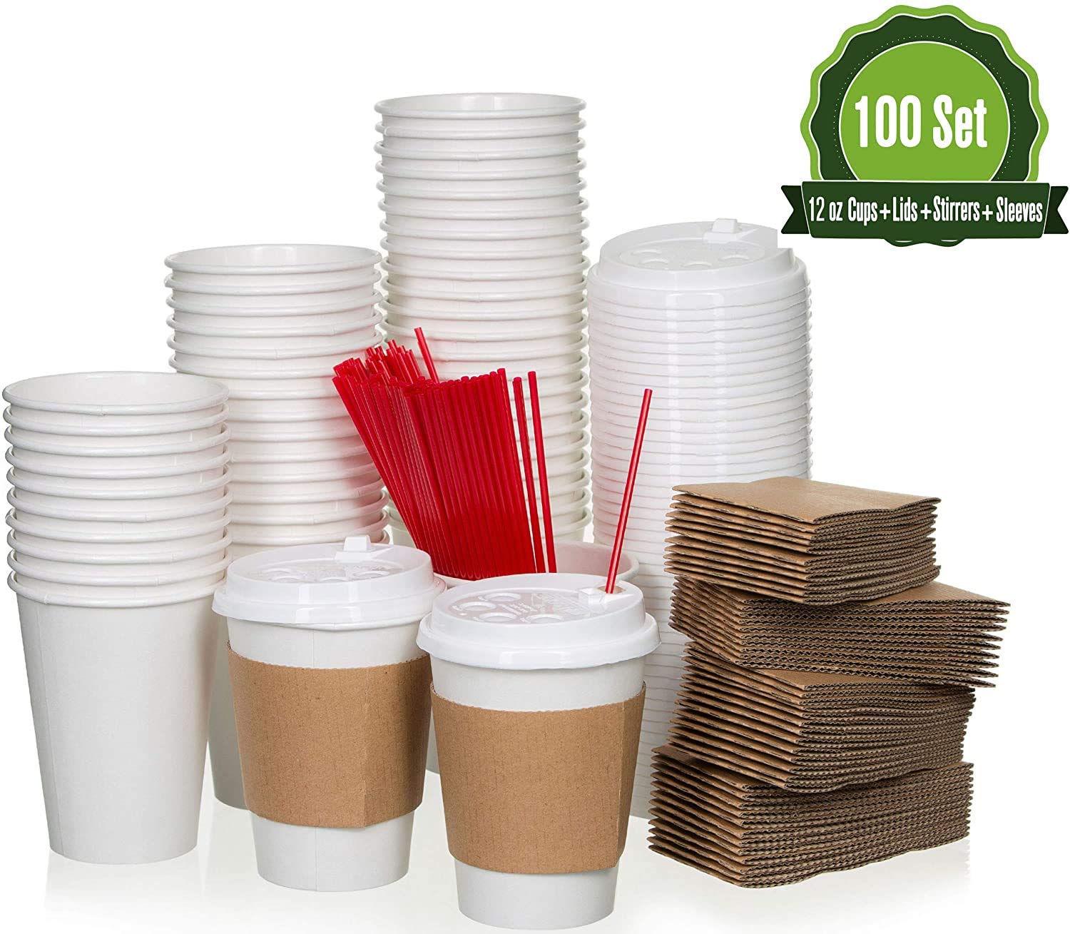 SafeWare White Coffee Cup Set - 100 Pack Disposable Coffee Cups with Lids 12 oz, Perfect for Hot Beverages, Expresso, Latte, Tea, Hot Chocolate, Includes Stirrers and Sleeves, To-Go Design