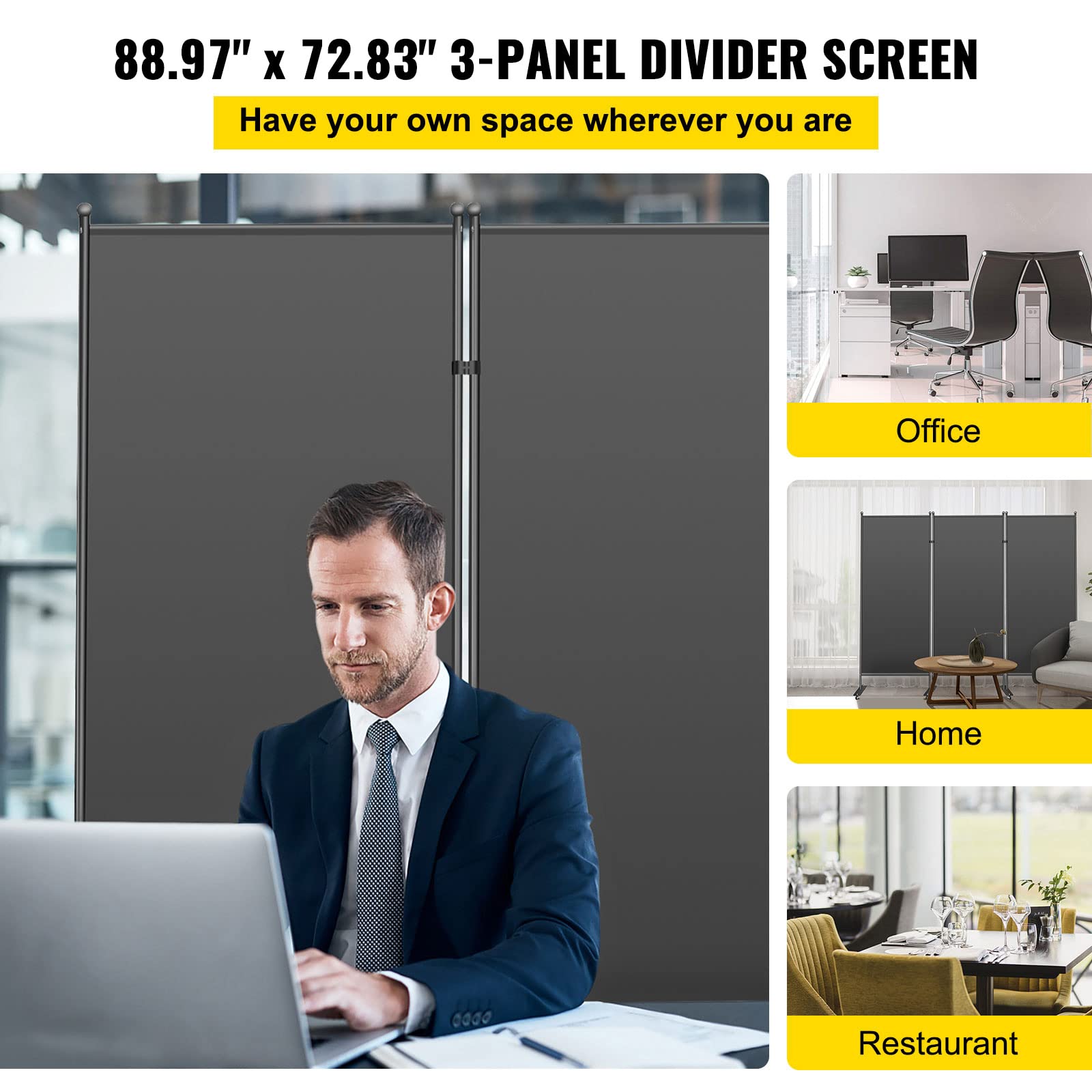 VEVOR Room Divider 6ft, Room Divider Wall 3 Panels, Partition Room Dividers 89"x73", Folding Room Divider, Panel Room Divider, Folding Privacy Screen with Wheels (Black) for Home, Dorm, Office