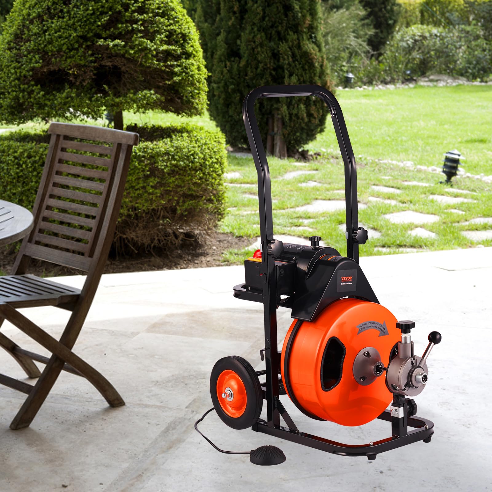 VEVOR Sewer Snake Machine 50FTx1/2Inch, Drain Cleaning Machine with 4 Wheels, Electri Drain Auger 4 Cutters & Foot Switch for 1''- 4''Pipes