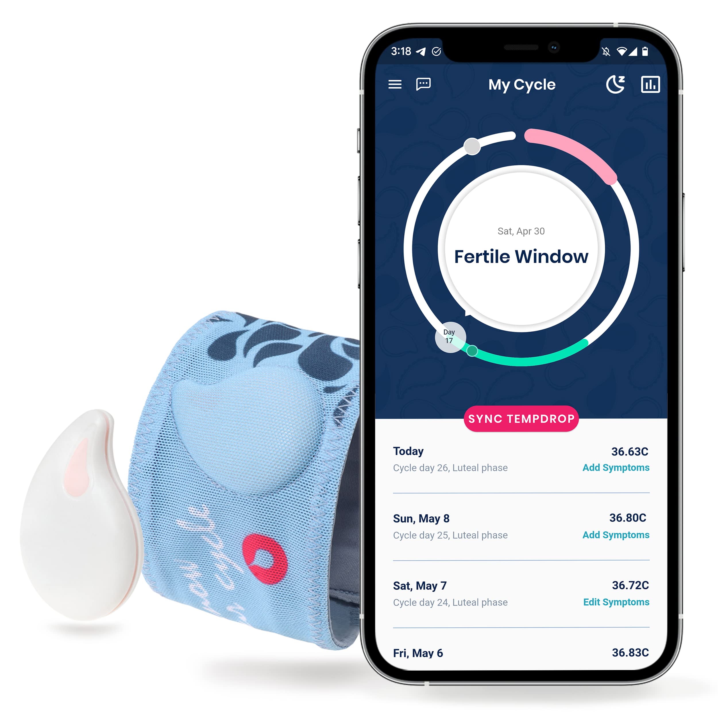 Tempdrop Fertility and Ovulation Digital Thermometer Tracker – Wearable Basal Body Temperature (BBT) Monitoring Sensor and Fertility Charting App Includes Comfortable Armband (S/M – 8.5-15.5 inch)