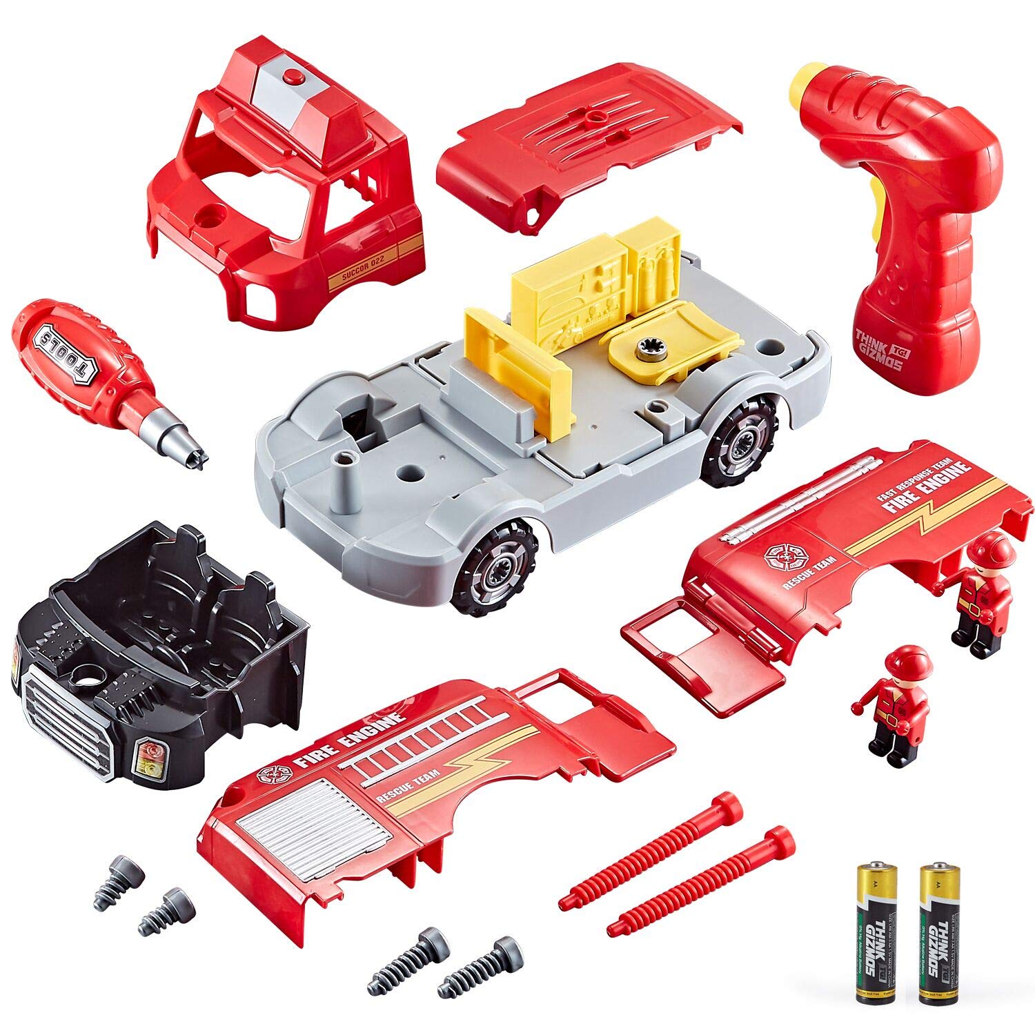 Think Gizmos Take Apart Toy Fire Truck - Includes Working Drill, Realistic Sounds and Lights - Easy DIY Assembly - Great Toy for Boys and Girls Ages 3+