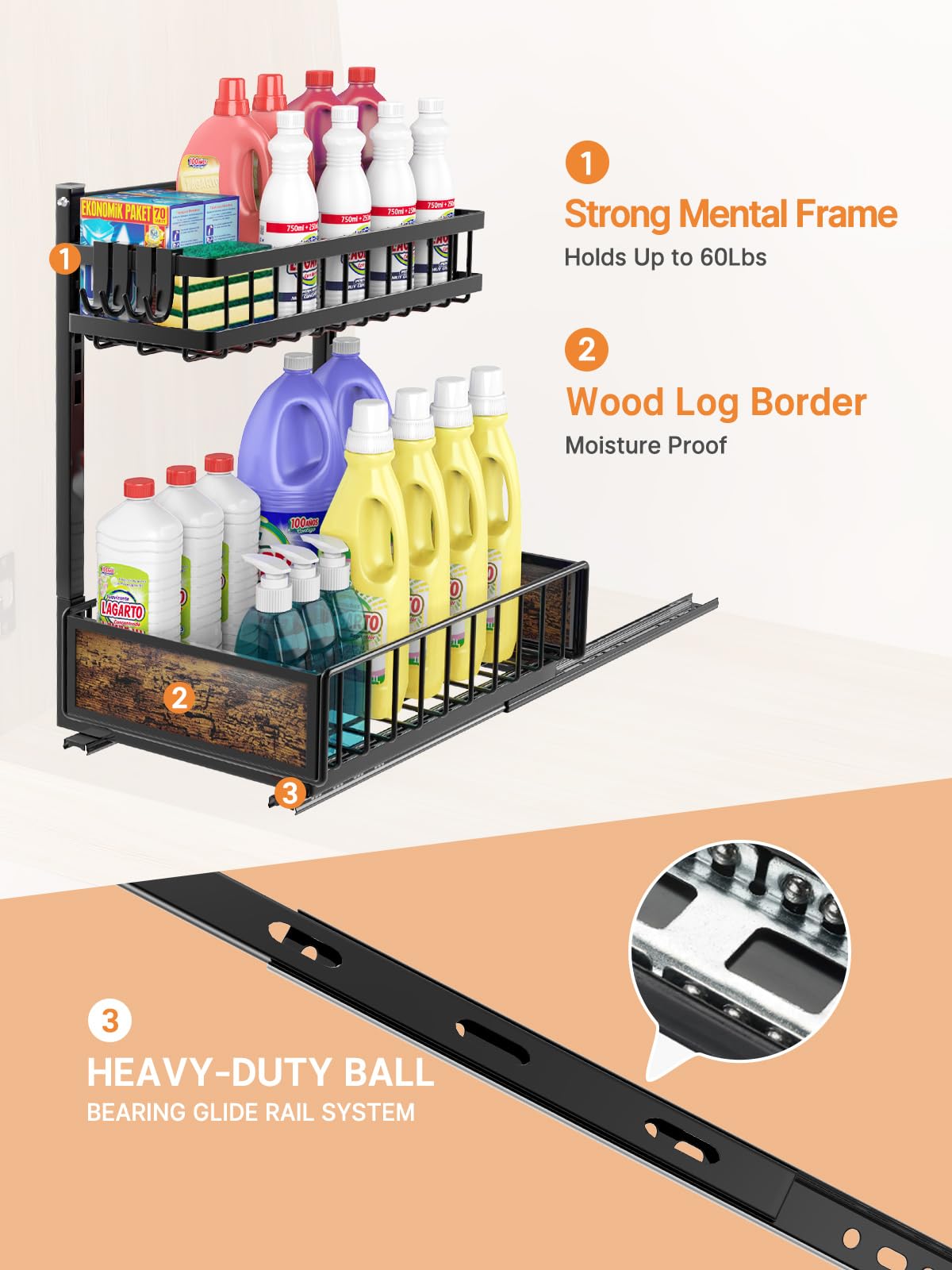 Under Sink Organizers 2 Tier - Kitchen Under Sink Organizer Storage Metal,Pull Out Cabinet Organizer,Adjustable Height Organizer with Hooks,Sturdy Slide Out Storage for Kitchen Bathroom Cabinet