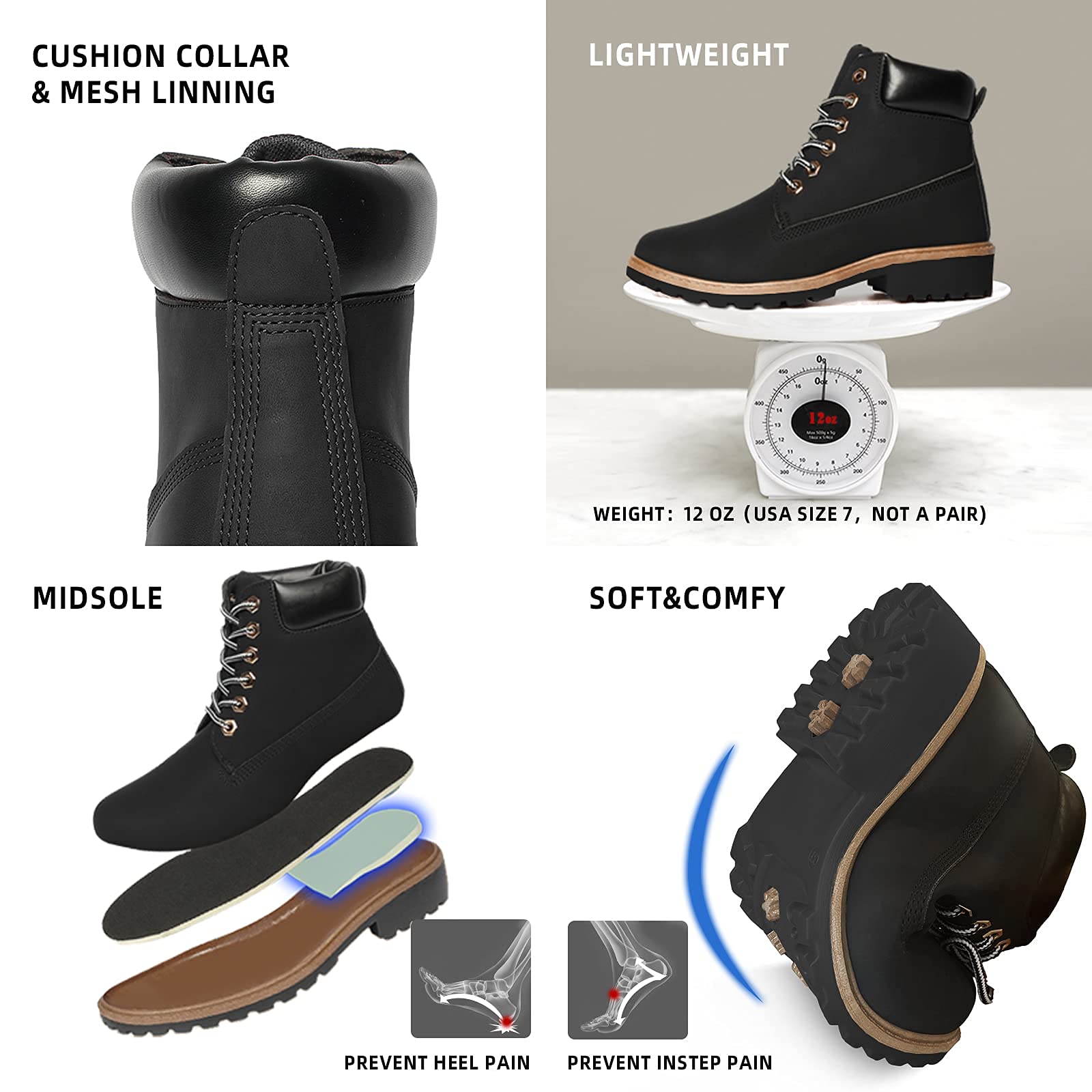 Women’s Work Hiking Boots Waterproof - Black Comfortable Boot Women Lightweight High Rise Size 5-9.5 Winter Fall