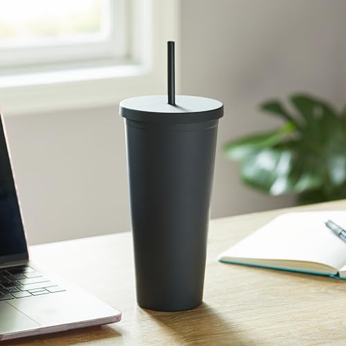 Zephyr Canyon 24oz Matte Black Tumblers with Lids and Straws - Pastel Double Wall Tumbler - Insulated Acrylic Cups for Hot & Cold Drinks, Spill-Proof Reusable Iced Coffee Cup, Set of 4