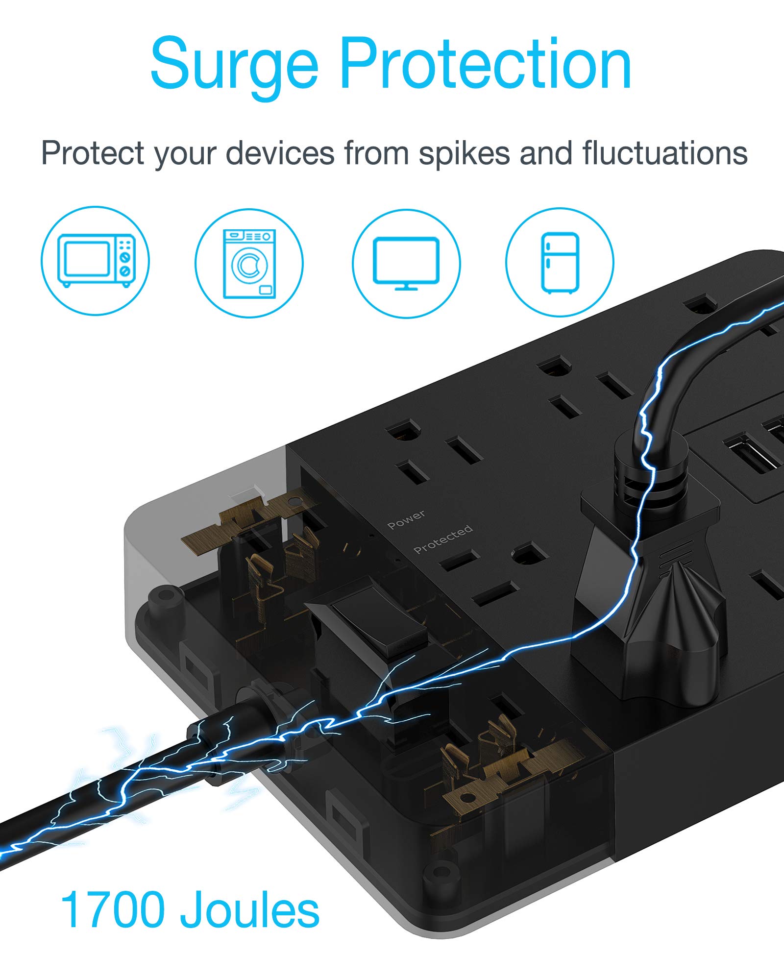 TESSAN Mountable Power Strip Extension Cord with Surge Protector, 10 AC Outlets, and 3 USB Charging Ports for Home and Offices, Black