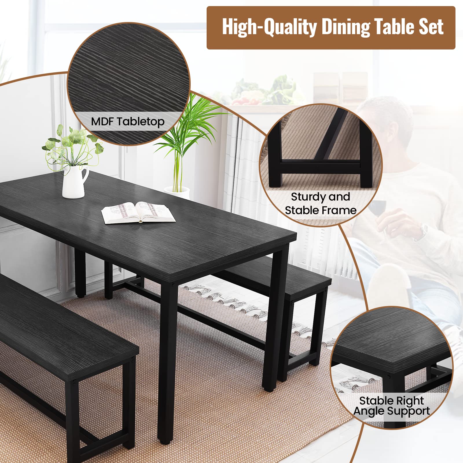 Recaceik Dining Room Table Set for 6, 55'' Kitchen Table Set with 2 Dining Benches, 3 Piece Industrial Dining Table Set for 4-6 Farmhouse Dinette Set for Home Kitchen Restaurant, Rustic Brown