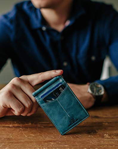 SERMAN BRANDS RFID Blocking Wallet Slim Bifold - Genuine Leather Minimalist Front Pocket Wallets for Men with Money Clip Gift (Arctic Blue Rogue)