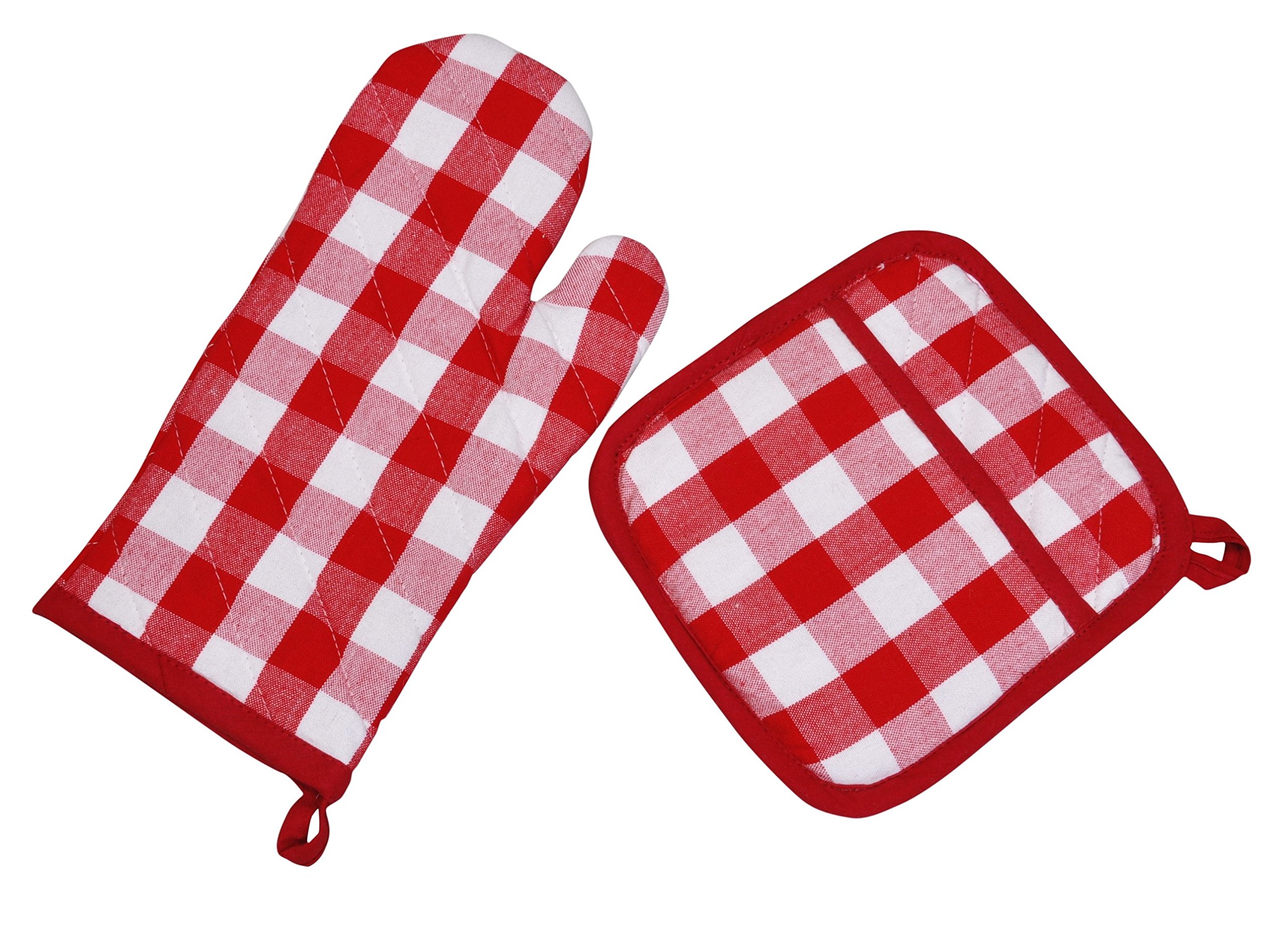 Yourtablecloth Set of Checkered Oven Mitt and Pot Holder or Oven Gloves-100% Cotton, Heat Resistance, Superior Protection & ComfortâGingham Design-Machine Washable Red and White